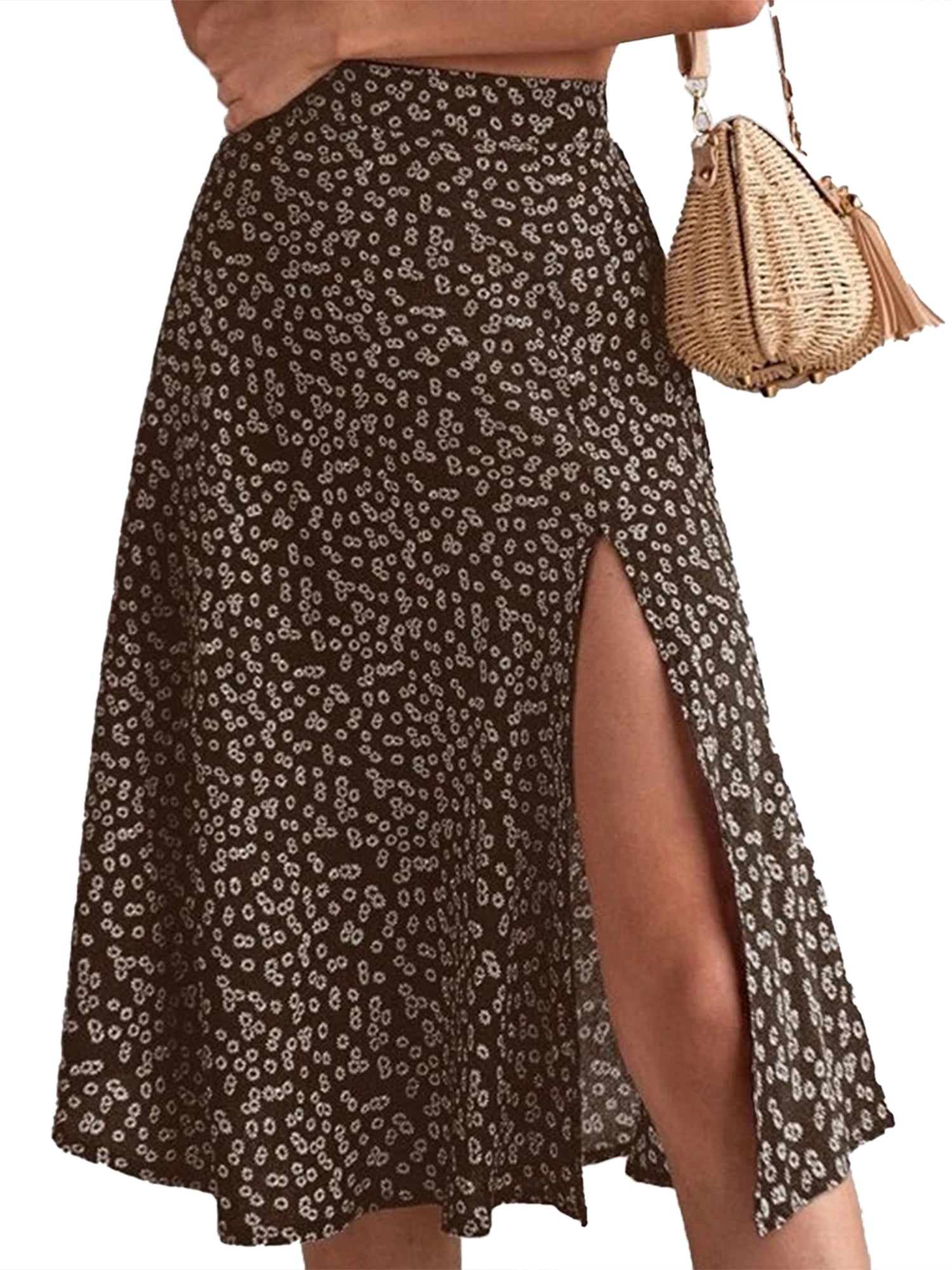 Huakaishijie Women's Boho Floral High Waist Split A Line Midi Skirt ...