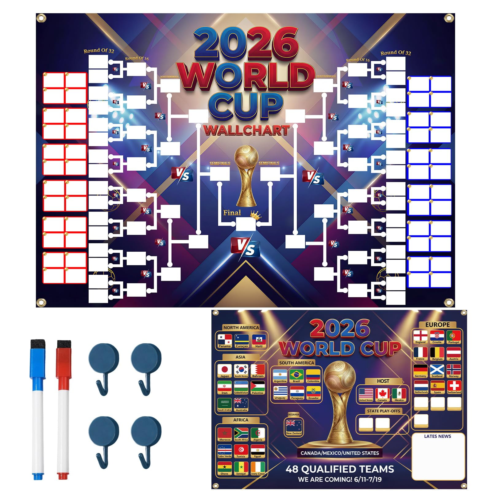 Huang GuoZhi 2026 World Cup Poster Set – Dry Erase 48-Team Bracket Wall ...