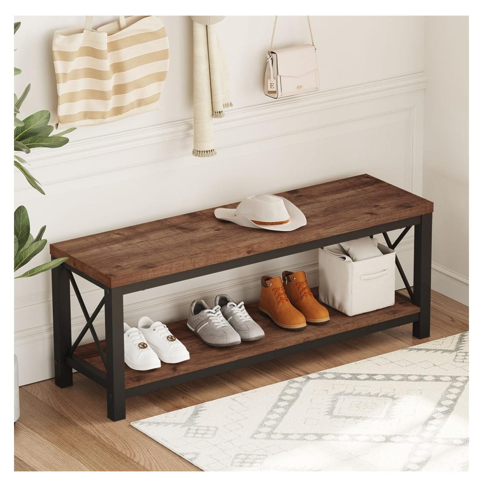 Huang zhong wen 2 Tier Shoe Bench with Storage, Wood Metal Entryway ...