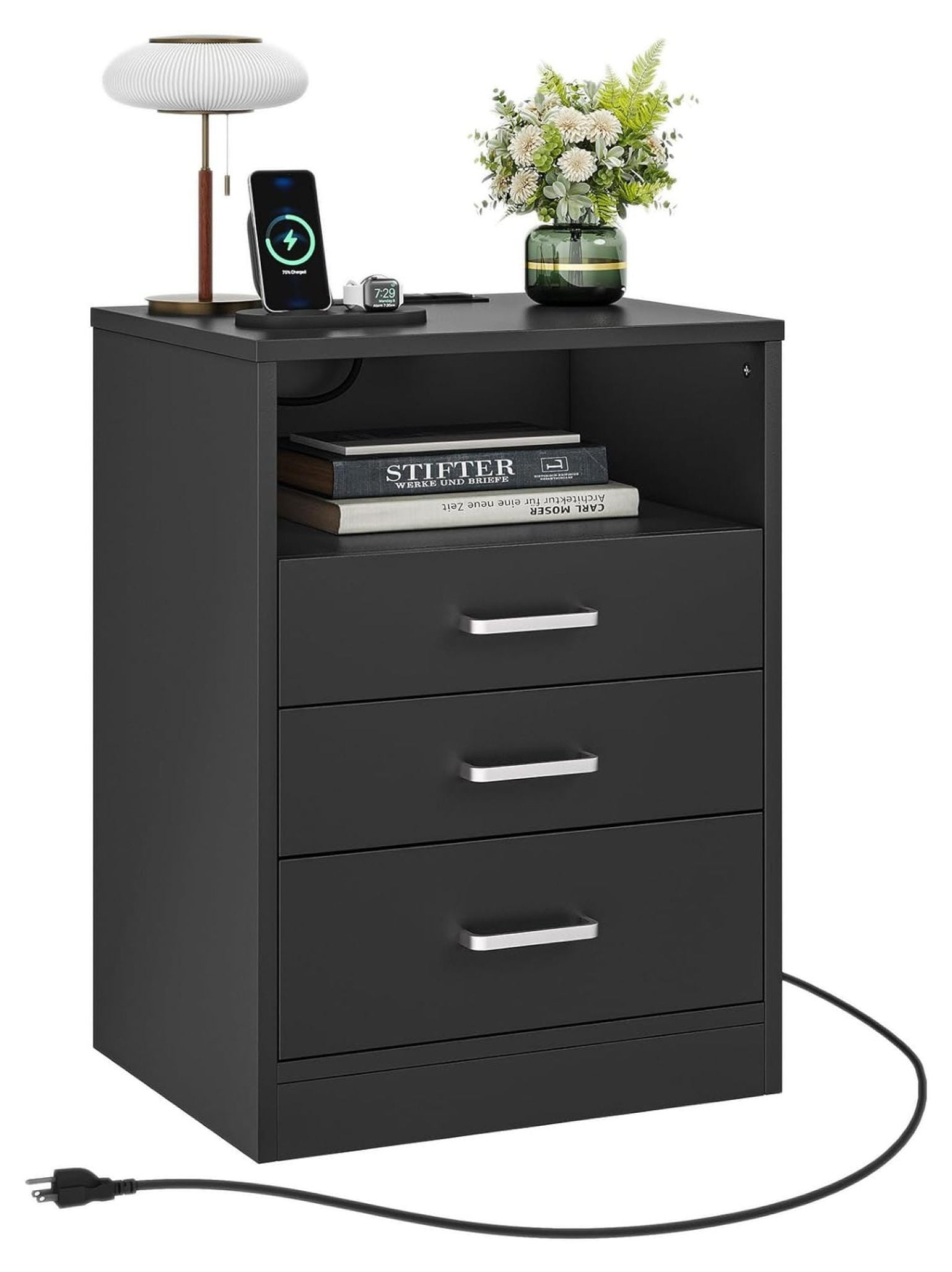 Huang zhong wen Black Nightstand 3 Drawers with USB Port,Bedroom End ...