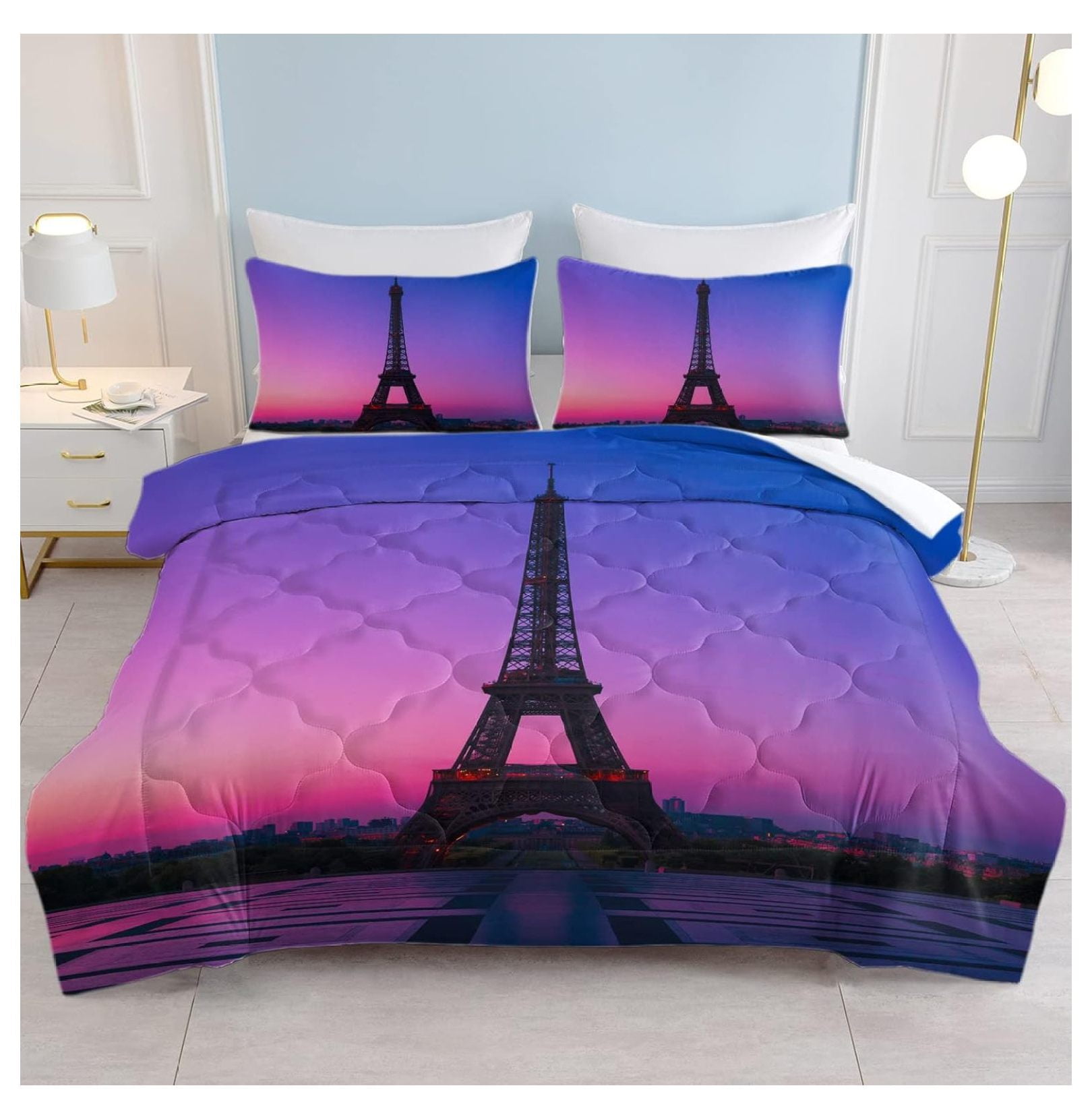 Huang zhong wen Blue Purple Eiffel Tower Comforter Set Queen Chic Bedding Romantic Theme Decor ...