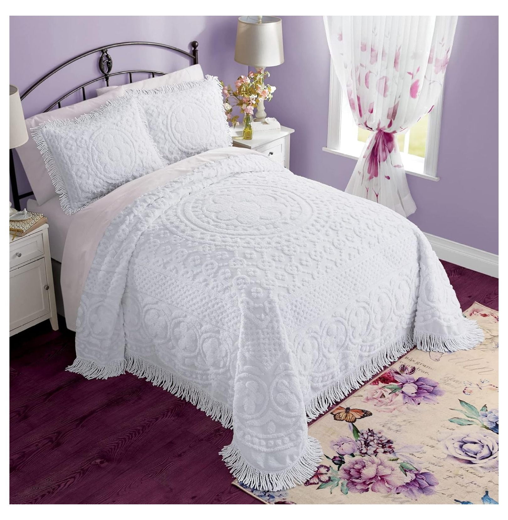 Huang zhong wen Emily Floral Chenille Bedspread, Soft Cotton Comforter, Queen Size Quilt in ...