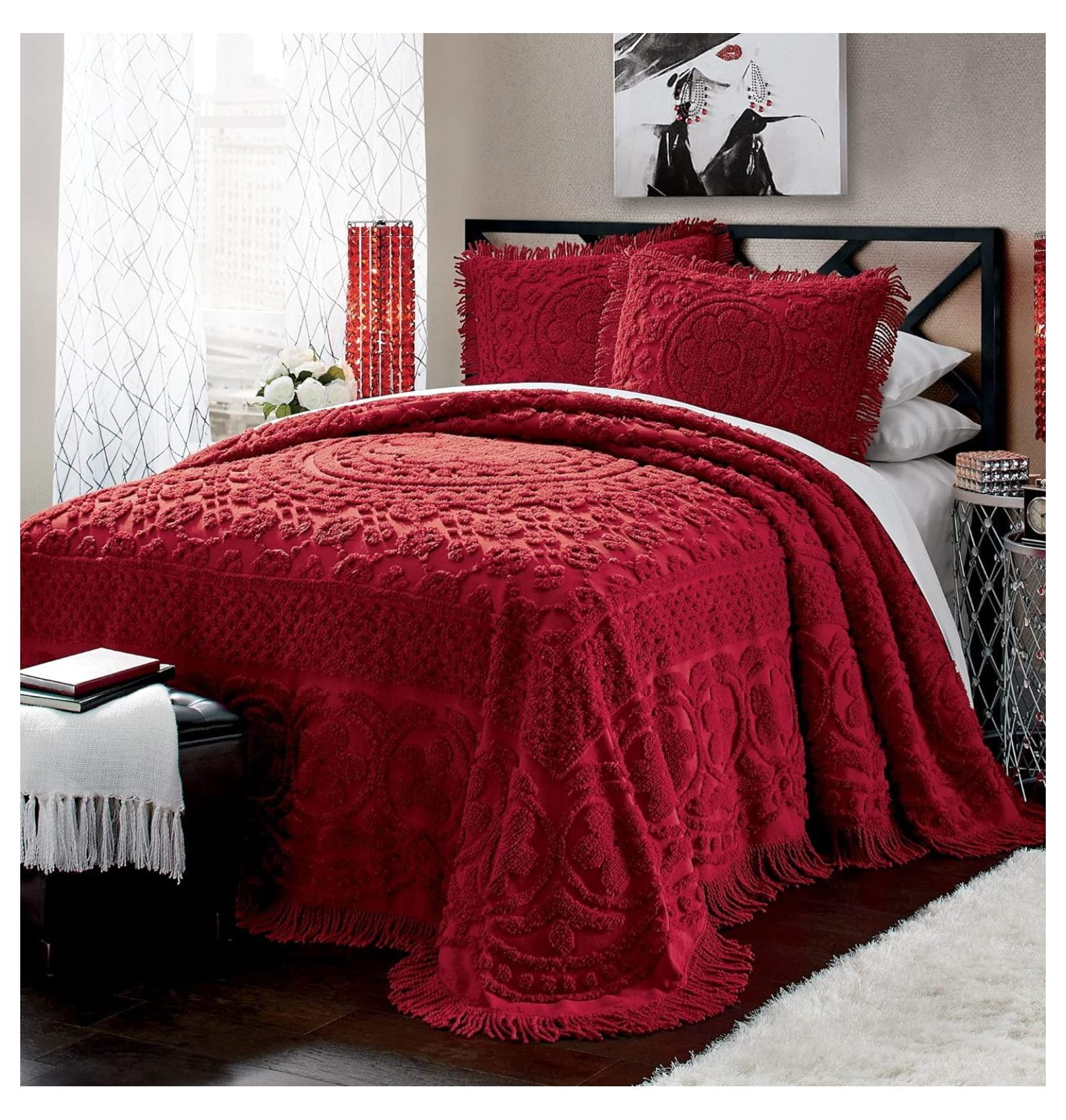 Huang zhong wen Emily Floral Chenille Bedspread, Soft Cotton Comforter, Queen Size Quilt in Red ...