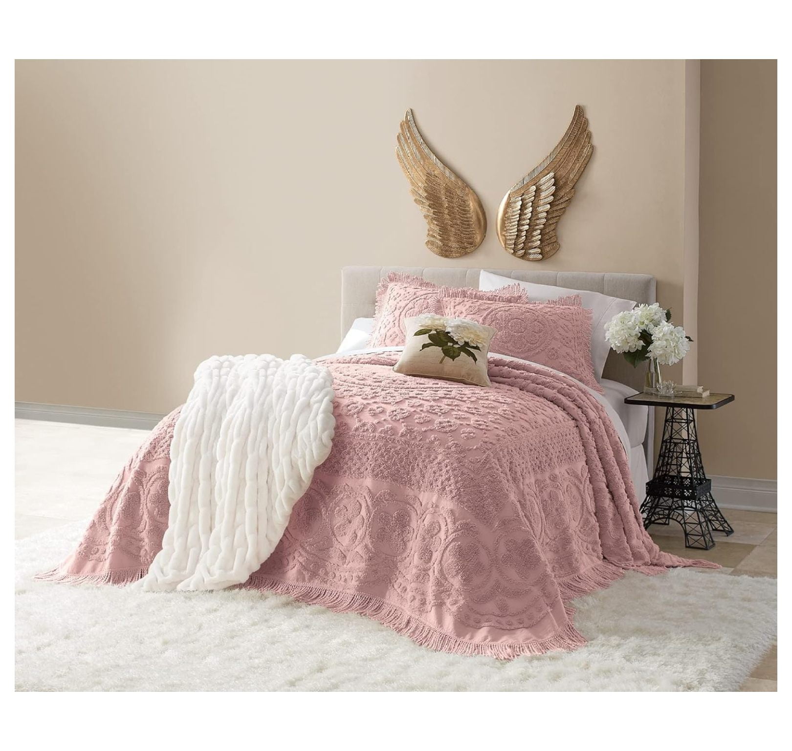 Huang zhong wen Emily Floral Chenille Bedspread, Soft Cotton Comforter, Size Quilt in Blush ...