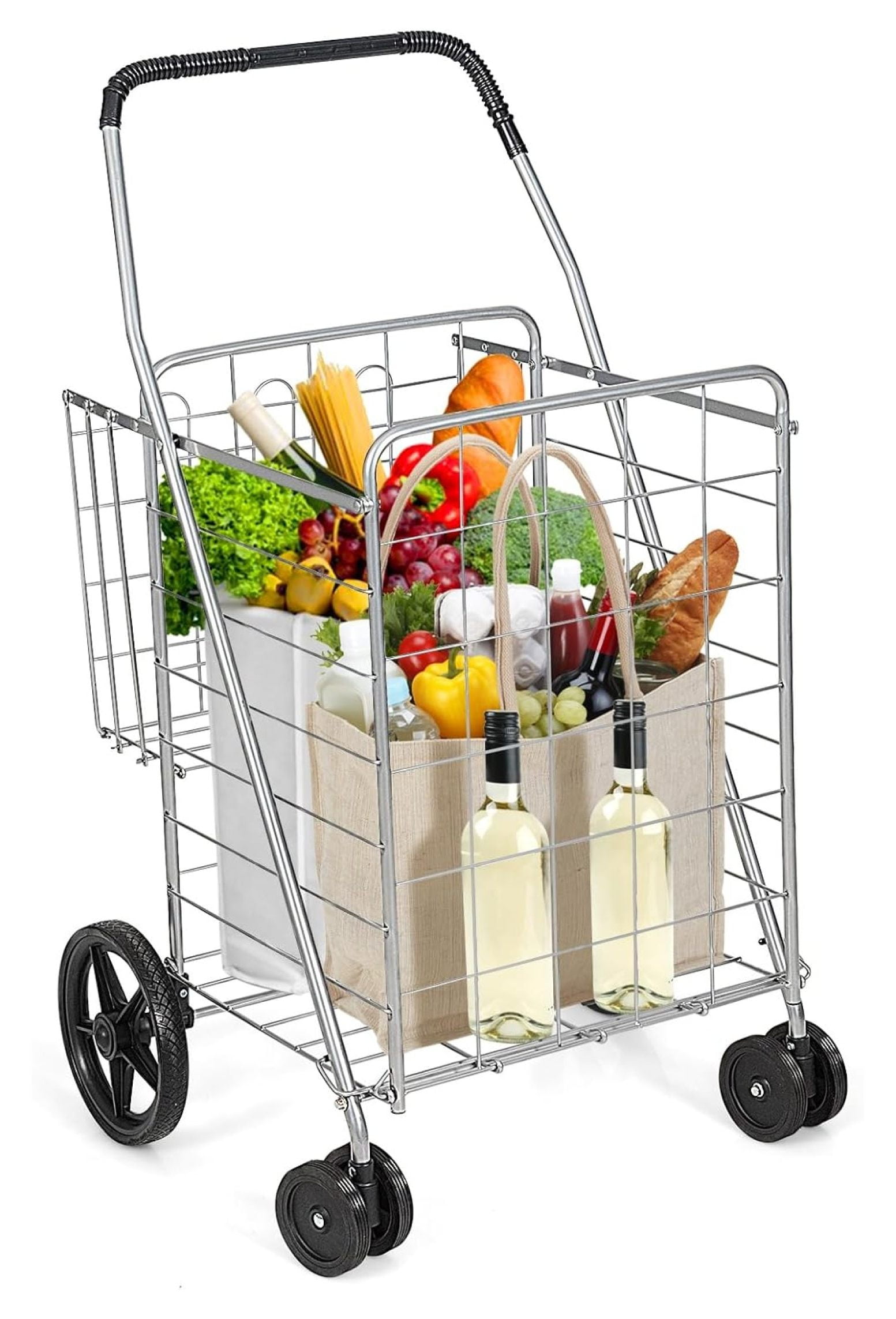 Huang zhong wen Folding Shopping Cart, Rolling Metal Utility Cart with Additional Back Basket ...