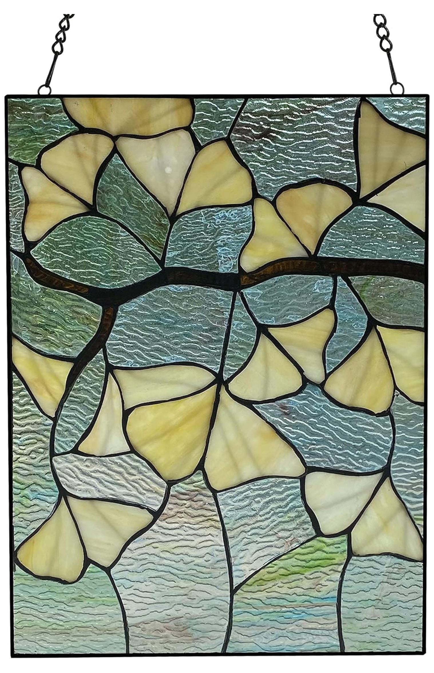 Huang zhong wen Ginkgo Leaf Stained Glass Window Hanging - 17.5" H ...