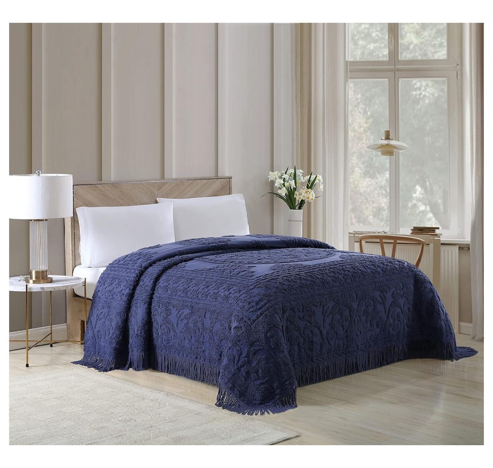 Huang zhong wen Medallion Chenille Bedspread, King, Navy - Walmart.com