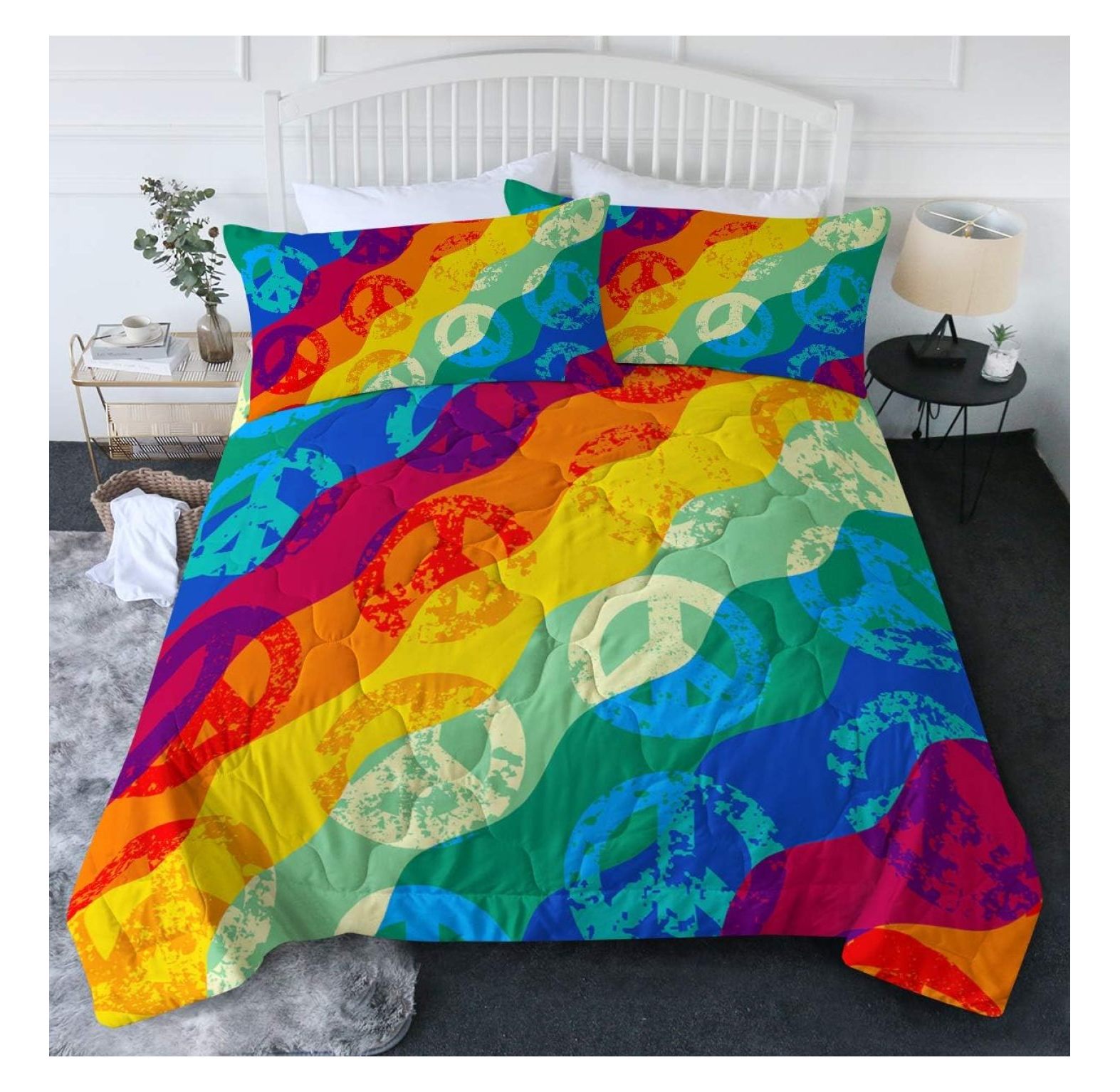 Huang zhong wen Rainbow Comforter Set Tie Dye Striped Bedspreads 3 Piece Hippie Peace Signs ...