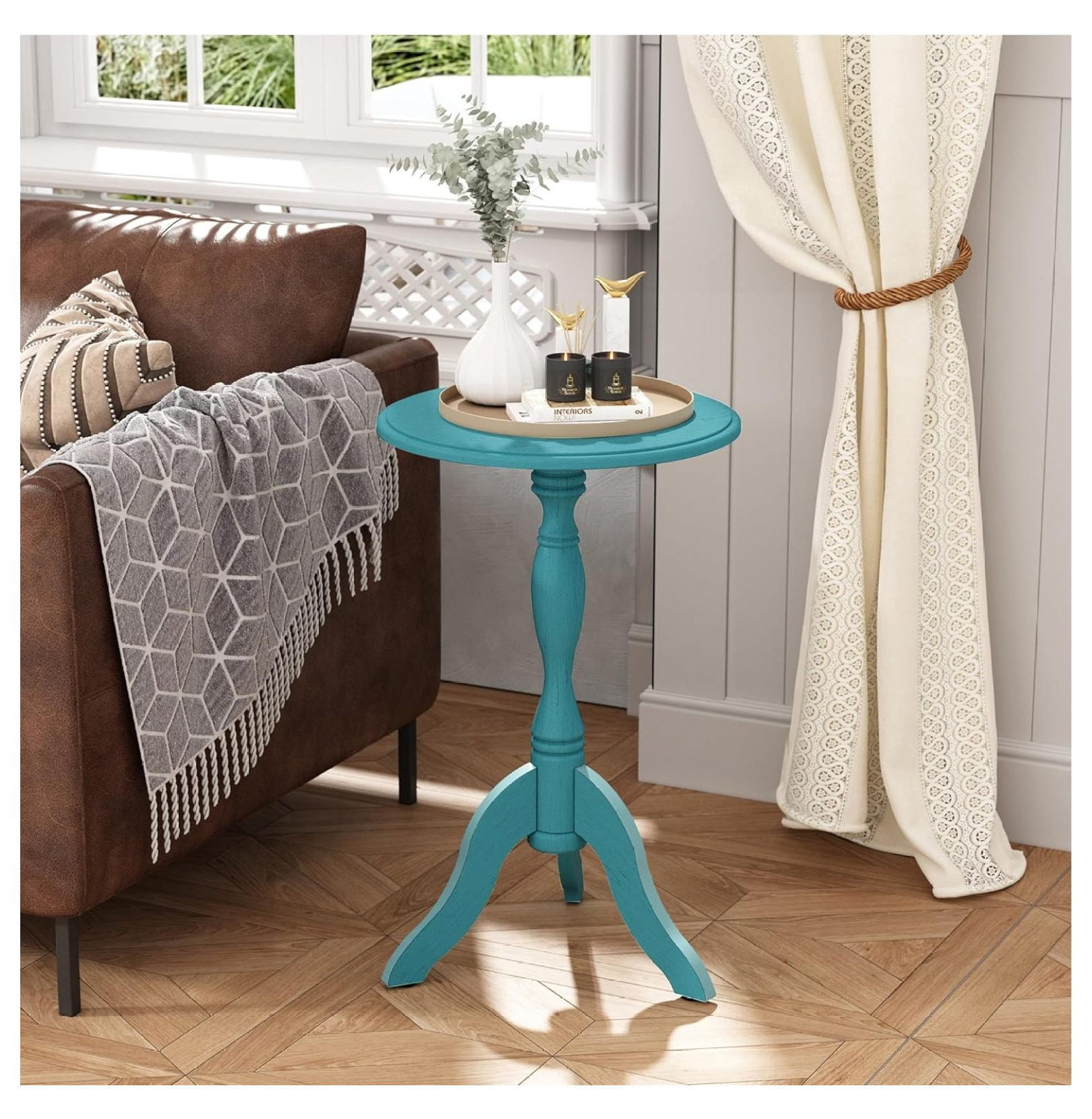 Huang zhong wen Round Small End Table Wooden Side Table Pedestal Side ...