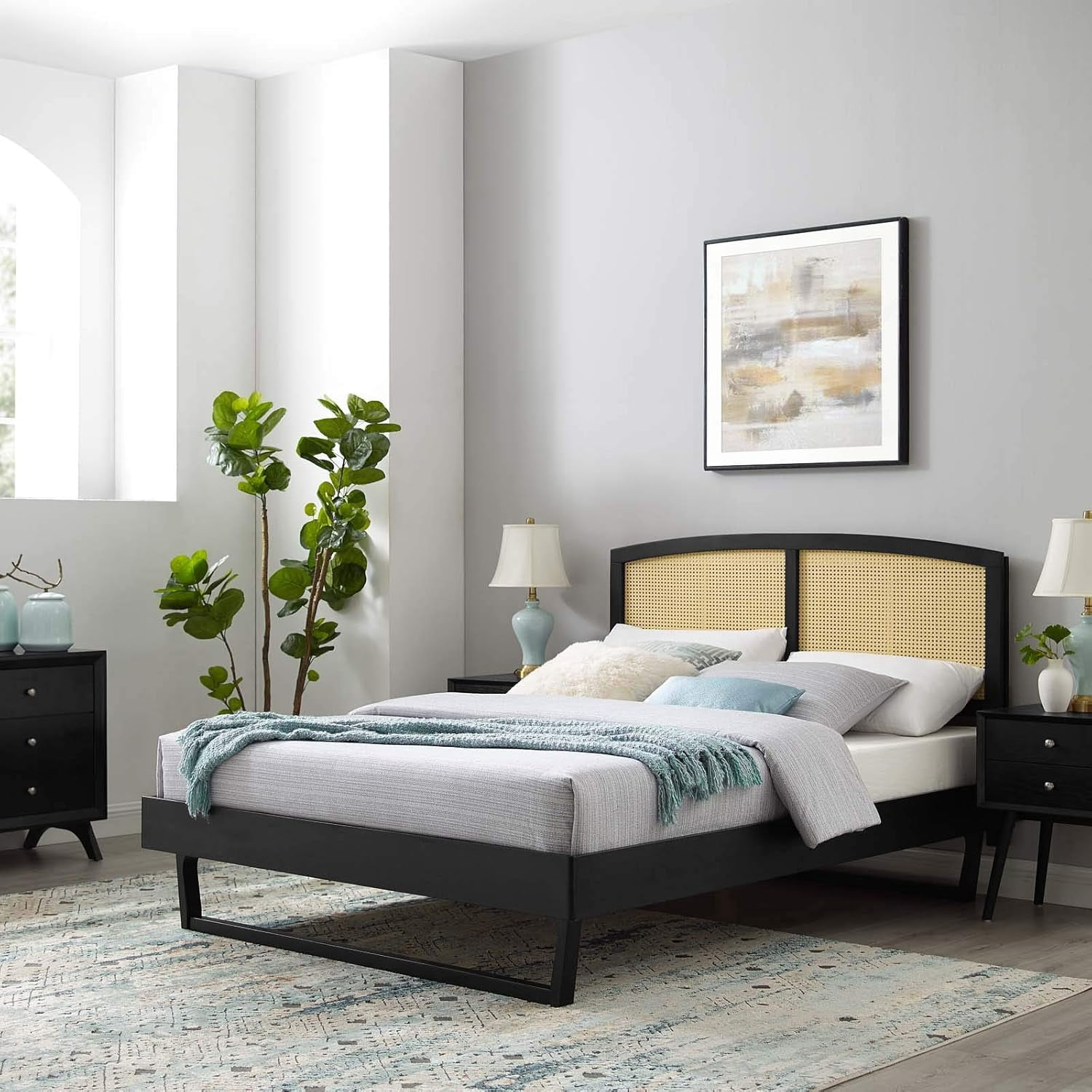 Huanghun Sierra Cane and Wood Full Platform Bed with Angular Legs in ...