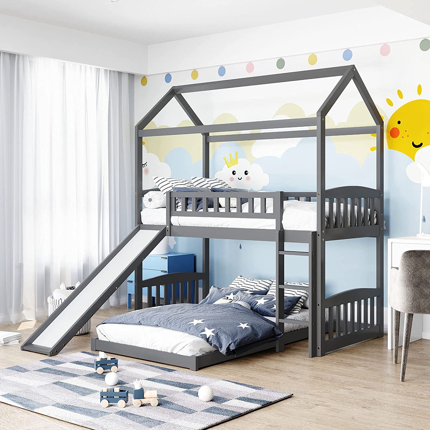 Huanghun Twin Over Twin Bunk Bed with Slide, House Bunk Bed with Slide ...
