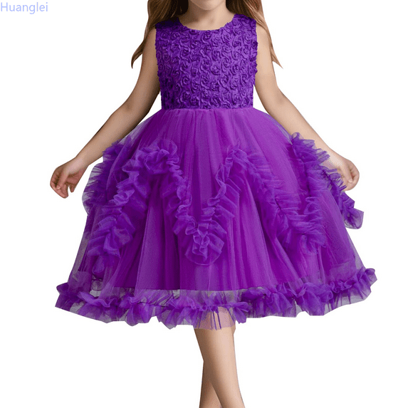 Huanglei Children's Solid Color Irregular Mesh Lace Knee Length Wedding ...