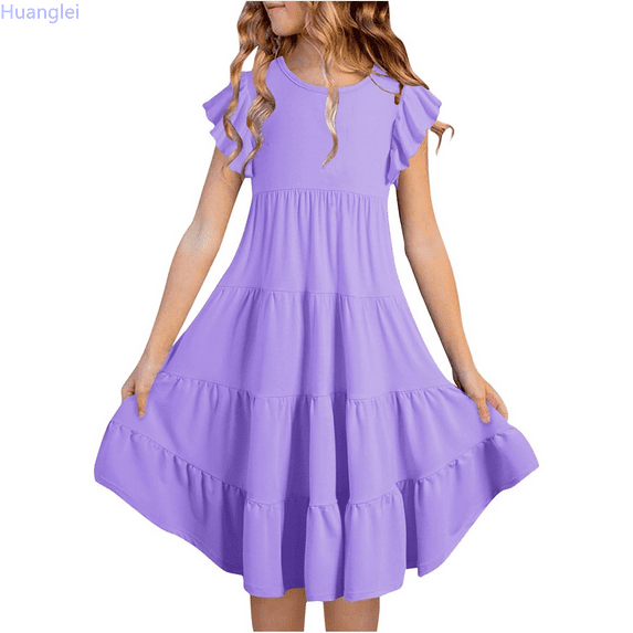 Huanglei Girls Summer Dresses Double Layer Flutter Sleeve Flowy A Line ...