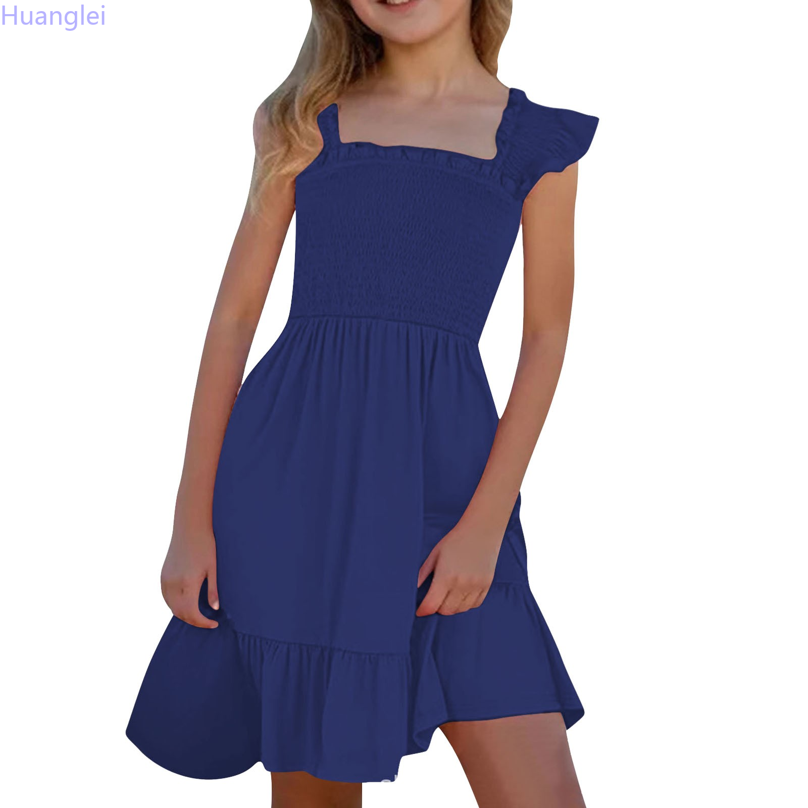 Huanglei Girls Summer Dresses Smocked Sleeveless With Pockets Girls ...