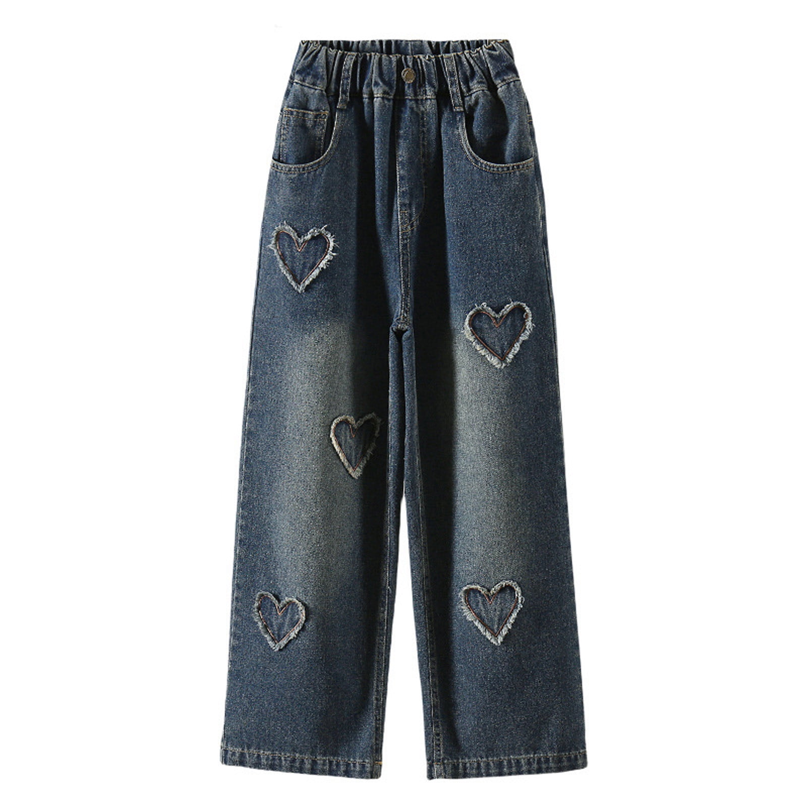Huanglei Girls Wide Leg Jeans Heart Embroidery Denim Pants Vintage ...