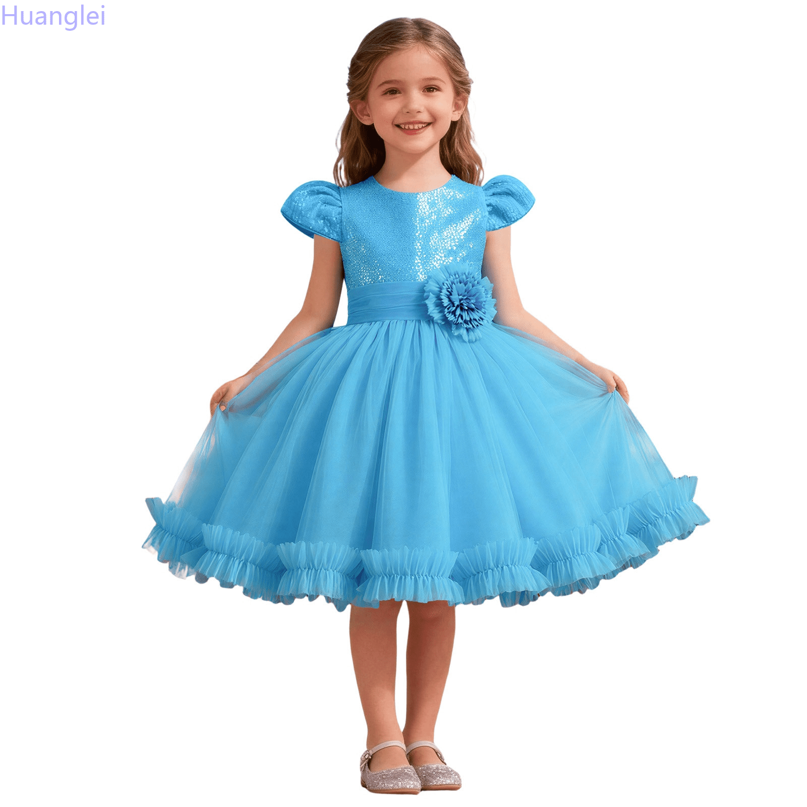 Huanglei Sparkly Floral Party Dress For Girls Short Sleeve Tutu Dress With Glitter ...