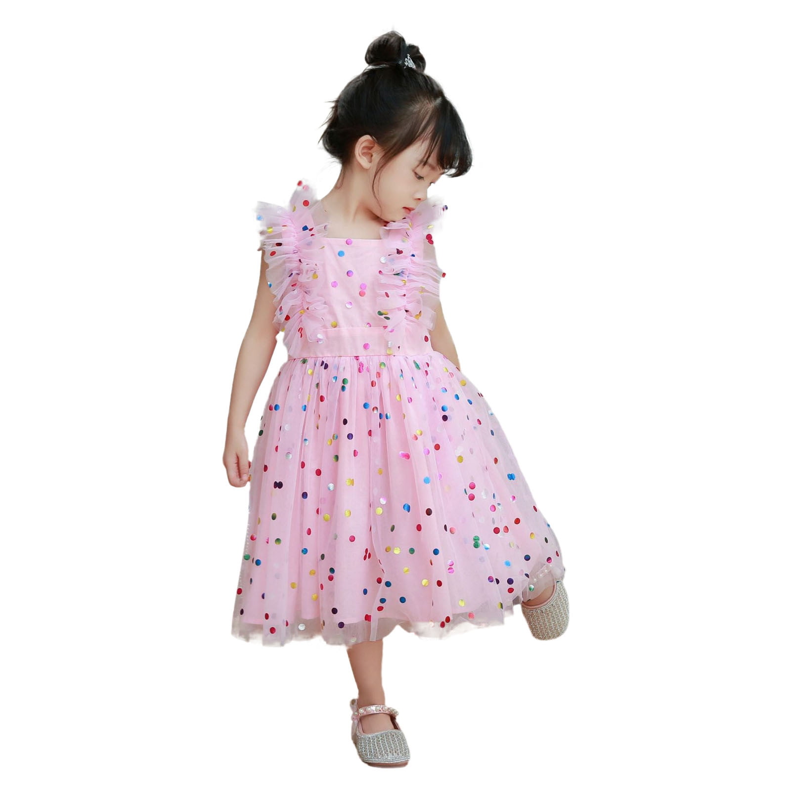Huanglei Toddler Girls Sleeveless Dot Paillette Ruffles Princess Dress ...