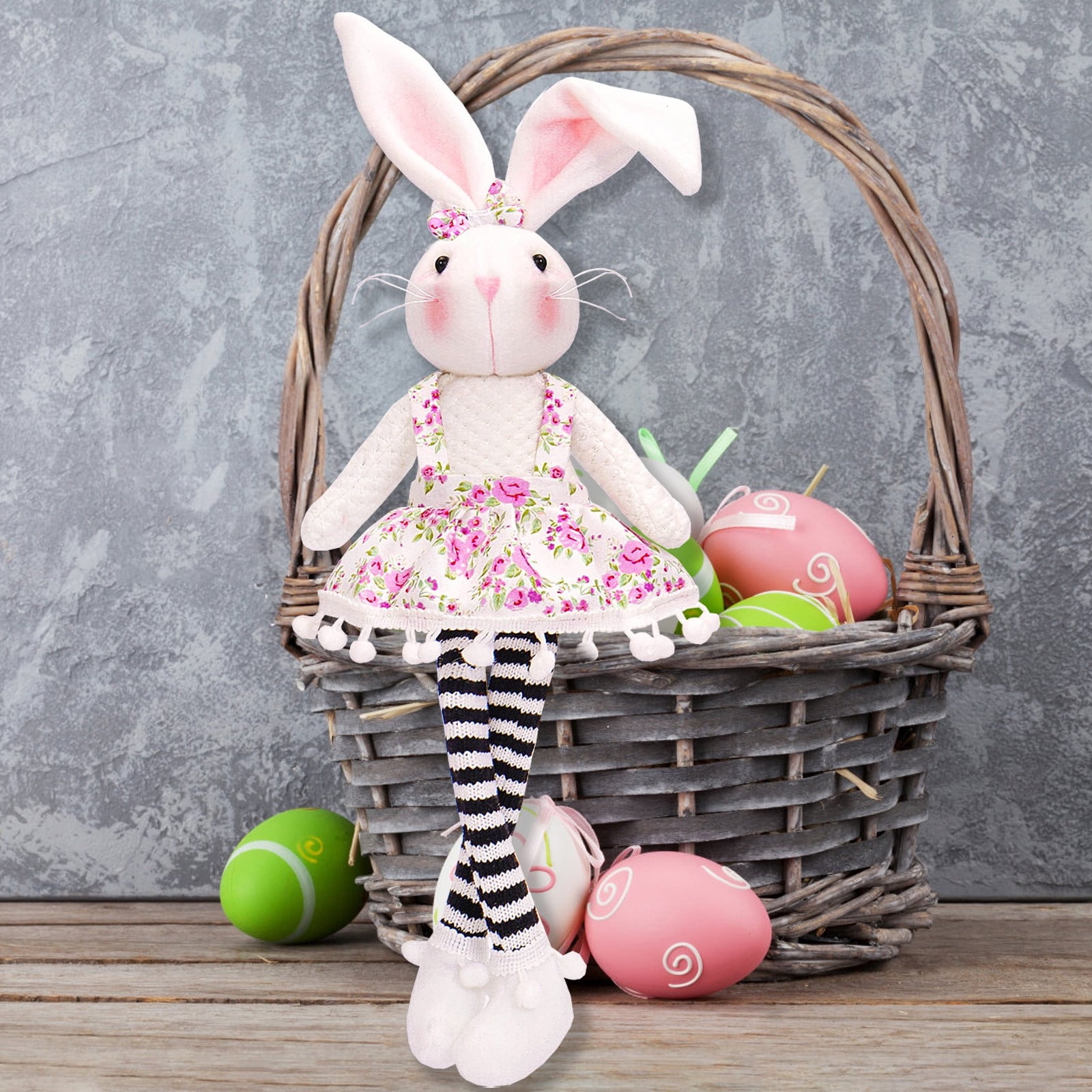 Huankd 14.5" Easter Bunny Stuffed Animal Doll, Long Legs Floral Dress ...