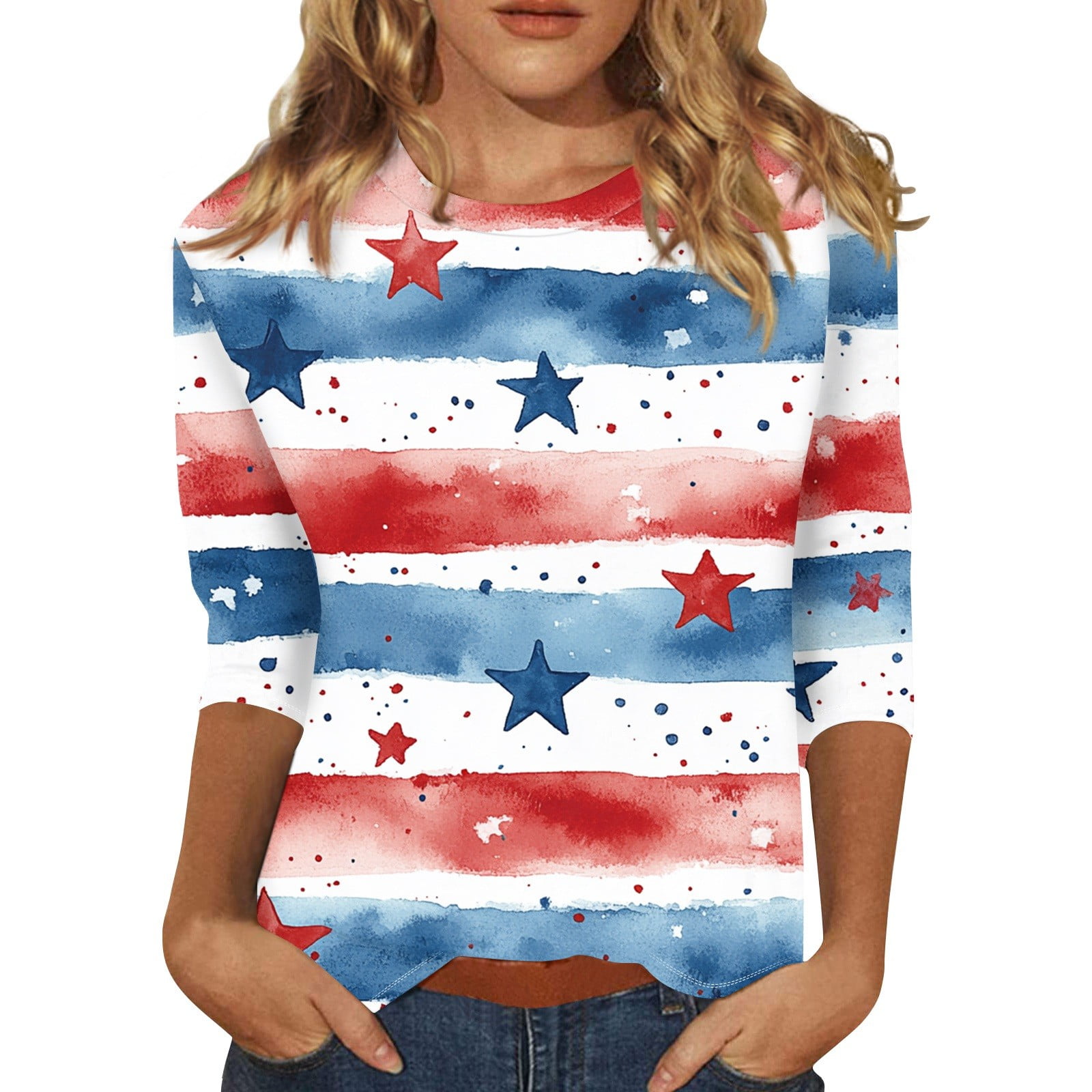 Huankd 4th Of July Shirts for Women 3/4 Sleeve, Crew Neck Independence ...