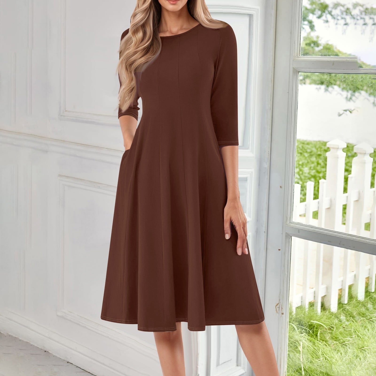 Huankd Dress for Women 3/4 Sleeve Crew Neck Pockets Vintage A-Line ...