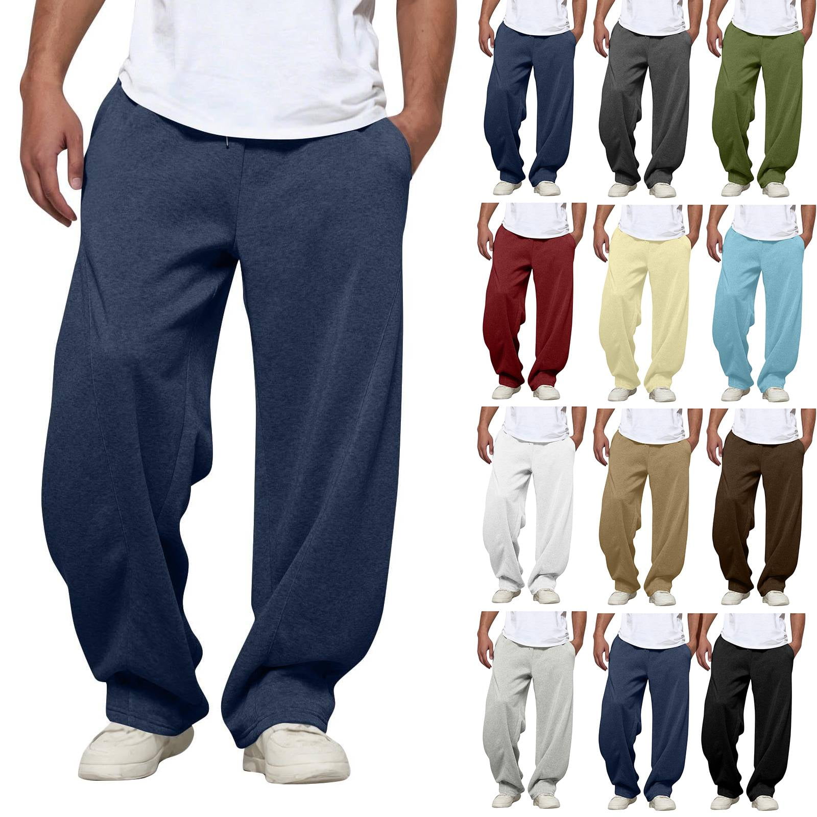 Huankd Men's Baggy Sweatpants Fleece Cargo Pants Wide Leg Loose Fit ...