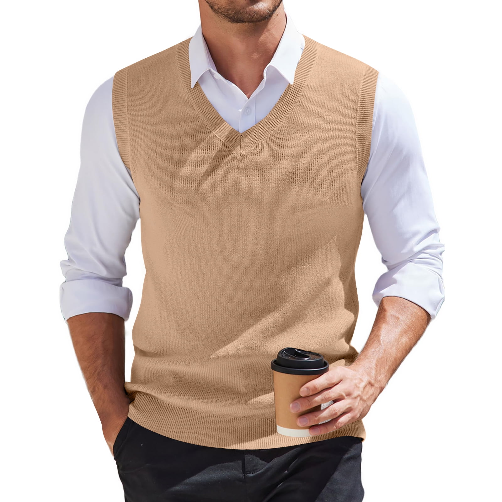 Huankd Men's Solid Sweater Vest Sleeveless Knit V Neck Spring Winter ...