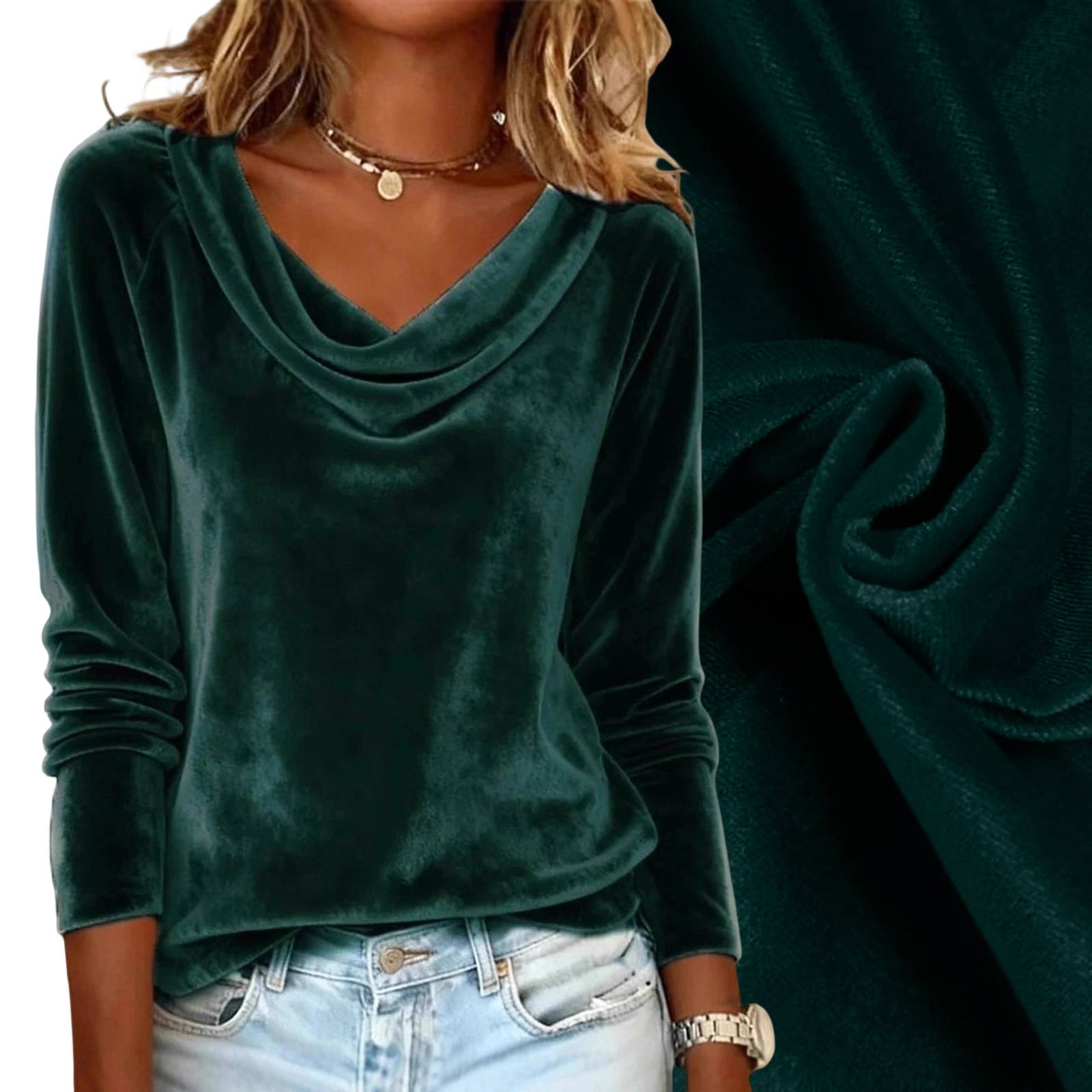 Huankd Sparkly Velvet Tops for Women Elegant Cowl Neck Long Sleeve ...