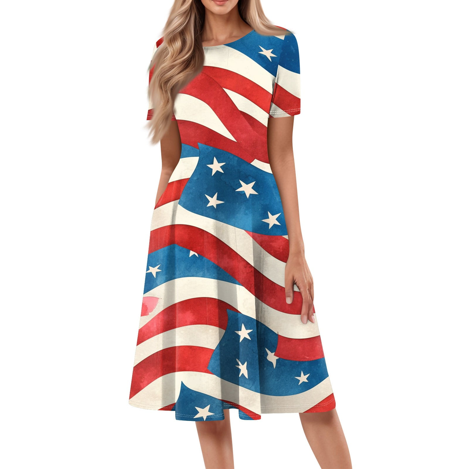 Huankd Usa Flag Dress Women Crew Neck Midi Dress Waist Retraction Short ...