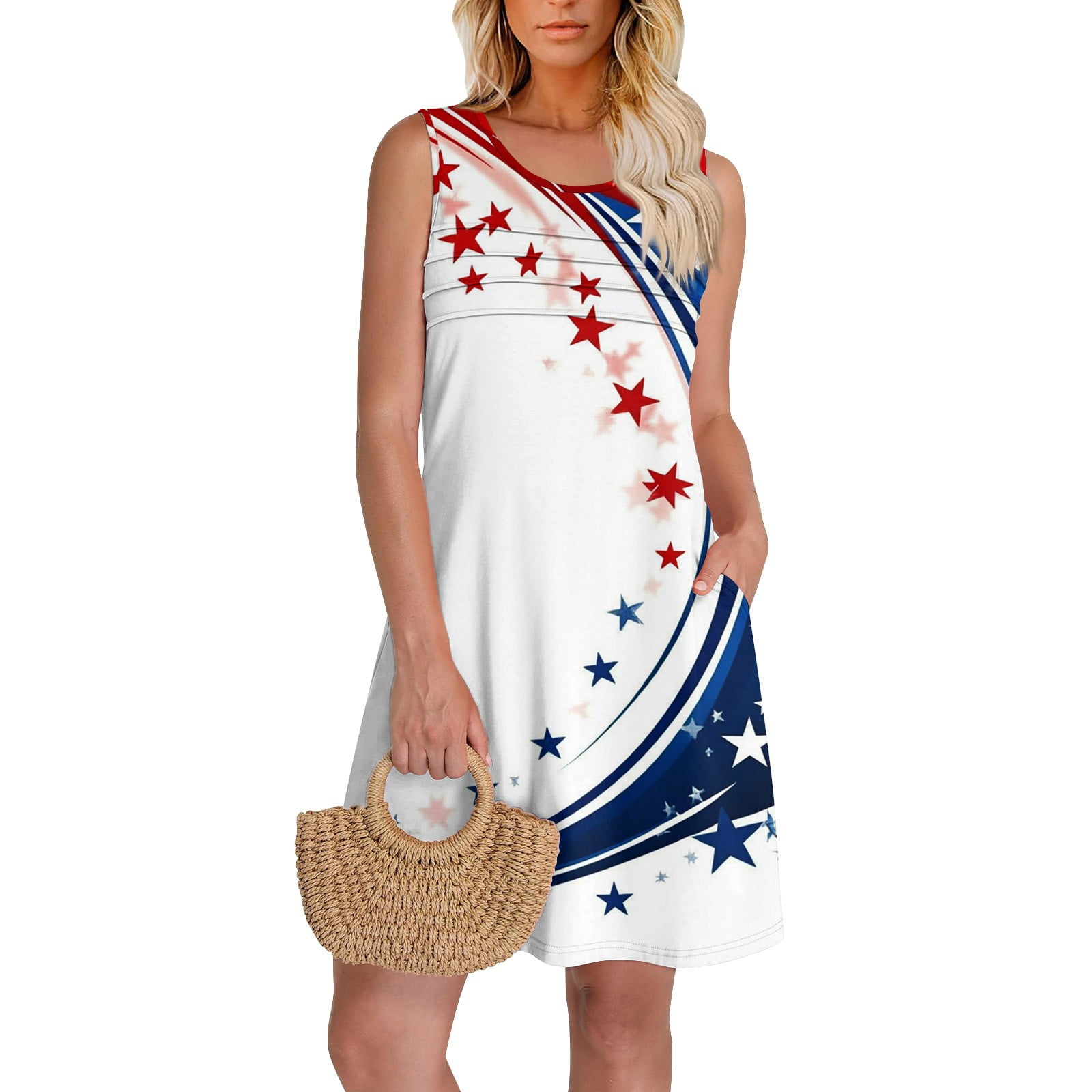 Huankd Usa Flag Dress Women Crew Neck Mini Dress Swing Sleeveless Star And Stripe 4Th Of July ...