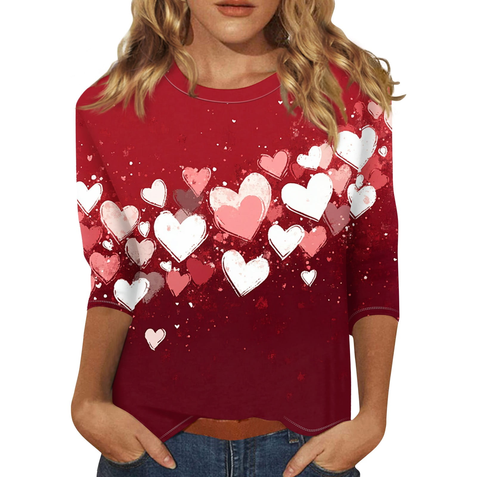 Huankd Valentine's Day 3/4 Sleeve Shirts for Women Crew Neck Heart Print Plus Size Valentine ...