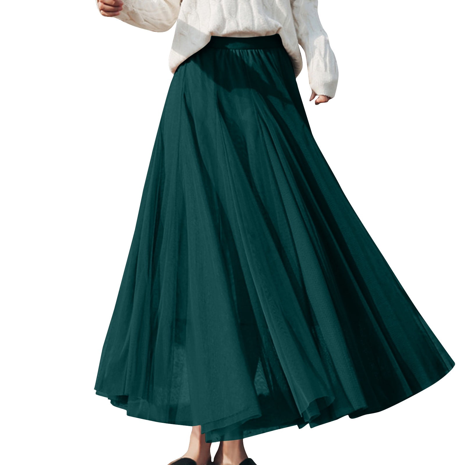 Huankd Women Full/Ankle Length Elastic Pleated Retro Maxi Chiffon Long ...