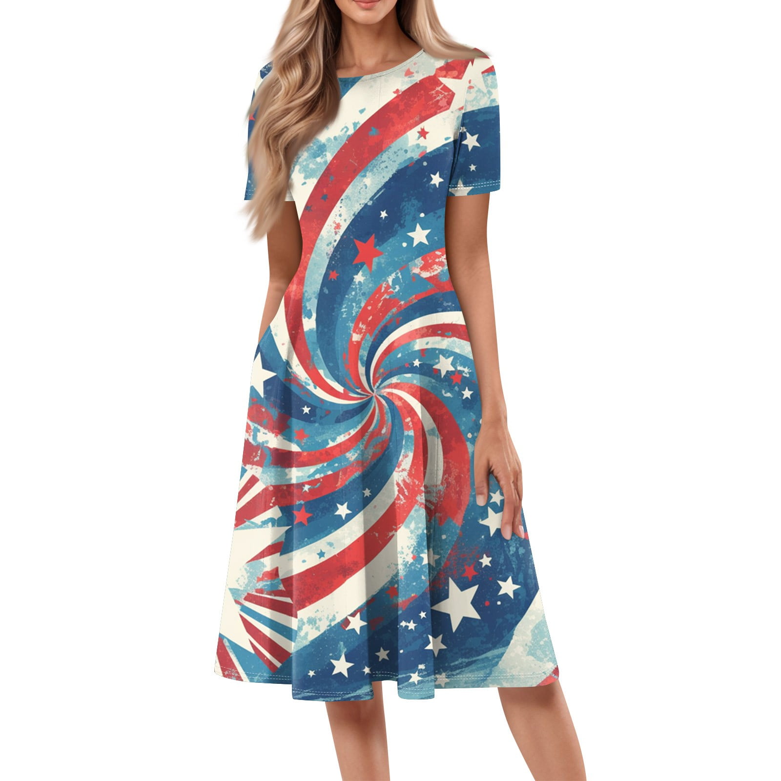 Huankd Women'S 4Th Of July Dresses Crew Neck Midi Dress Waist ...