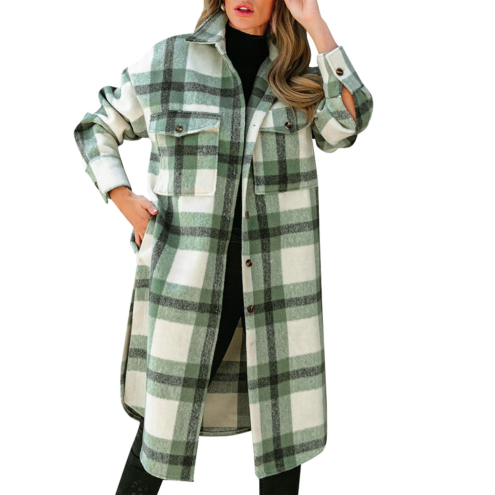 Huankd Women's Casual Plaid Lapel Woolen Button Up Pocketed Long ...