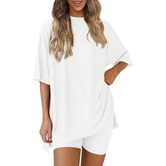 Huankd Women's Two Piece Lounge Set 2026 Summer Casual Oversized Shirts ...