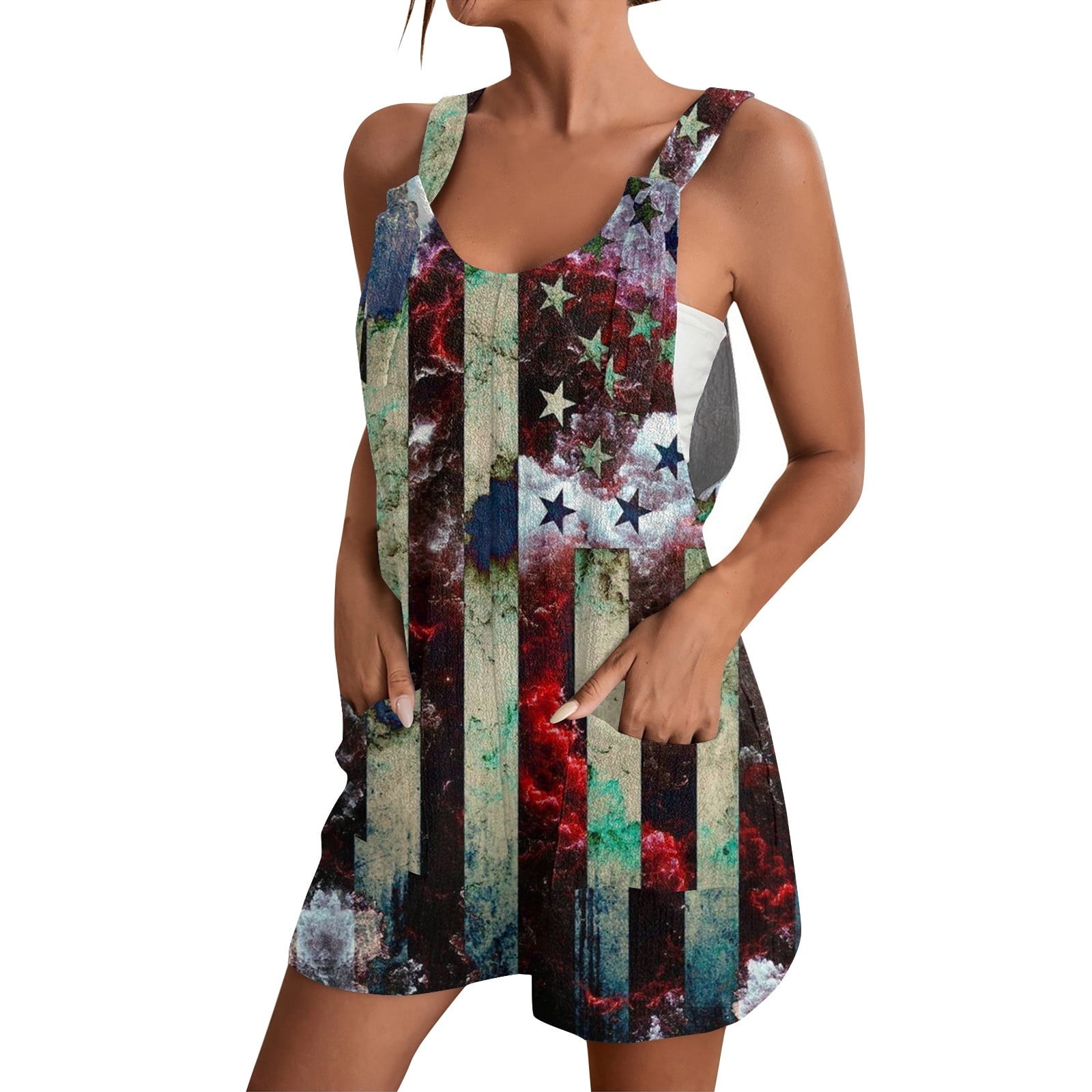 Huankd Womens Overalls Shorts Plus Size, Star Graphic Holiday Jumpsuits ...