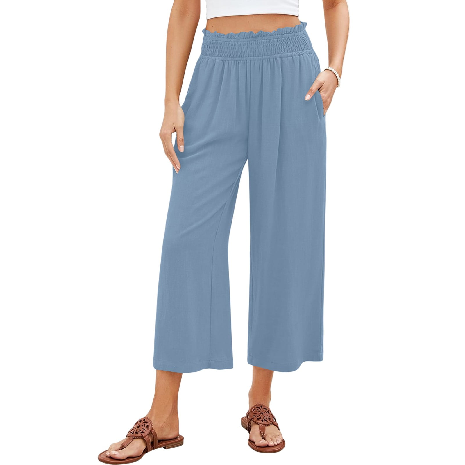 Huankd Womens Summer 3/4 Pants Flowy High Waisted Loose Casual Lounge ...