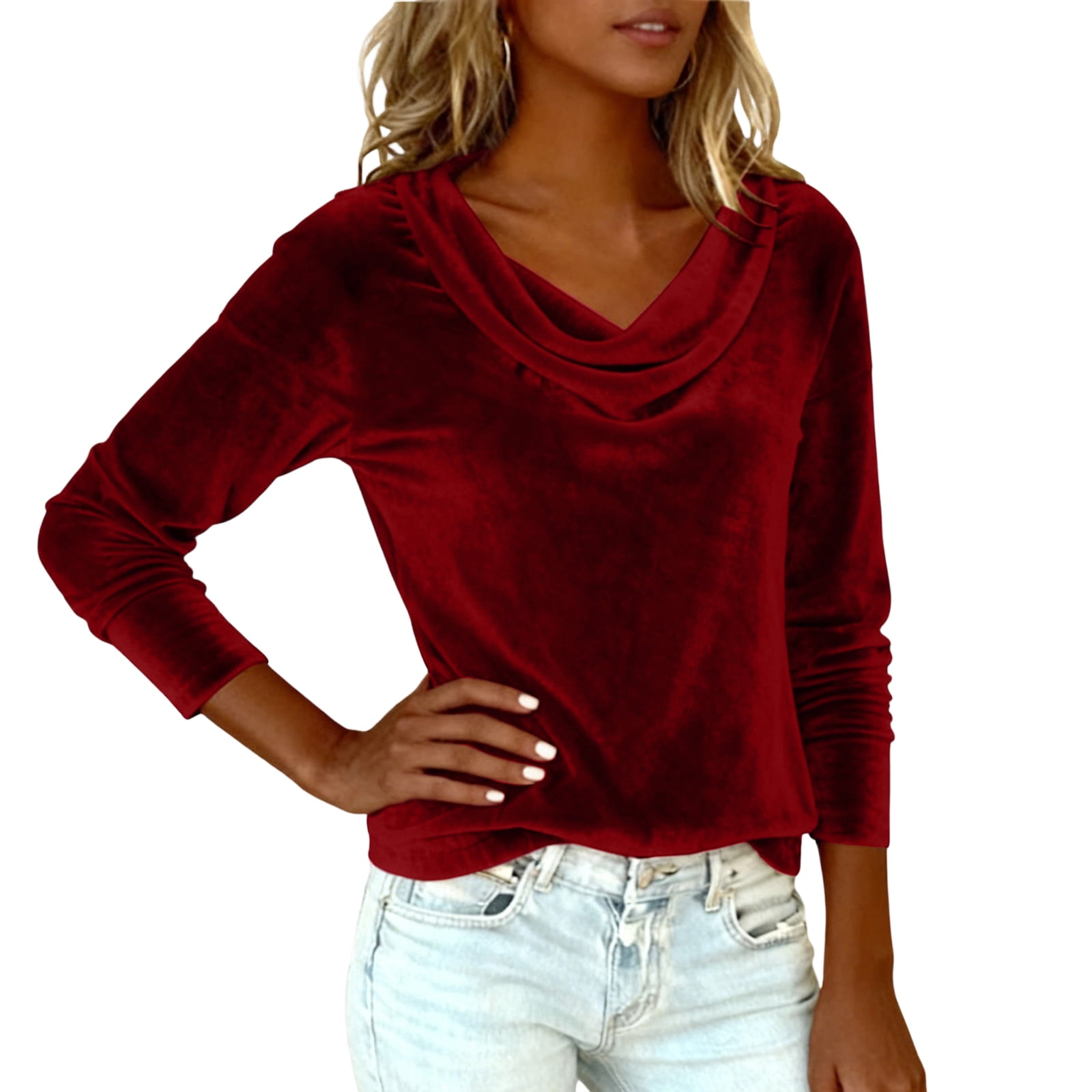 Huankd Womens Velvet Tops Cowl Neck Drape Ruched Front Long Sleeve T ...
