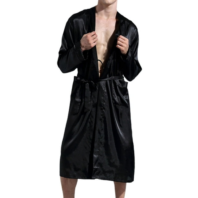 Huanledash Men Bathrobe Solid Color Silky Smooth Soft Sleeping Robes ...