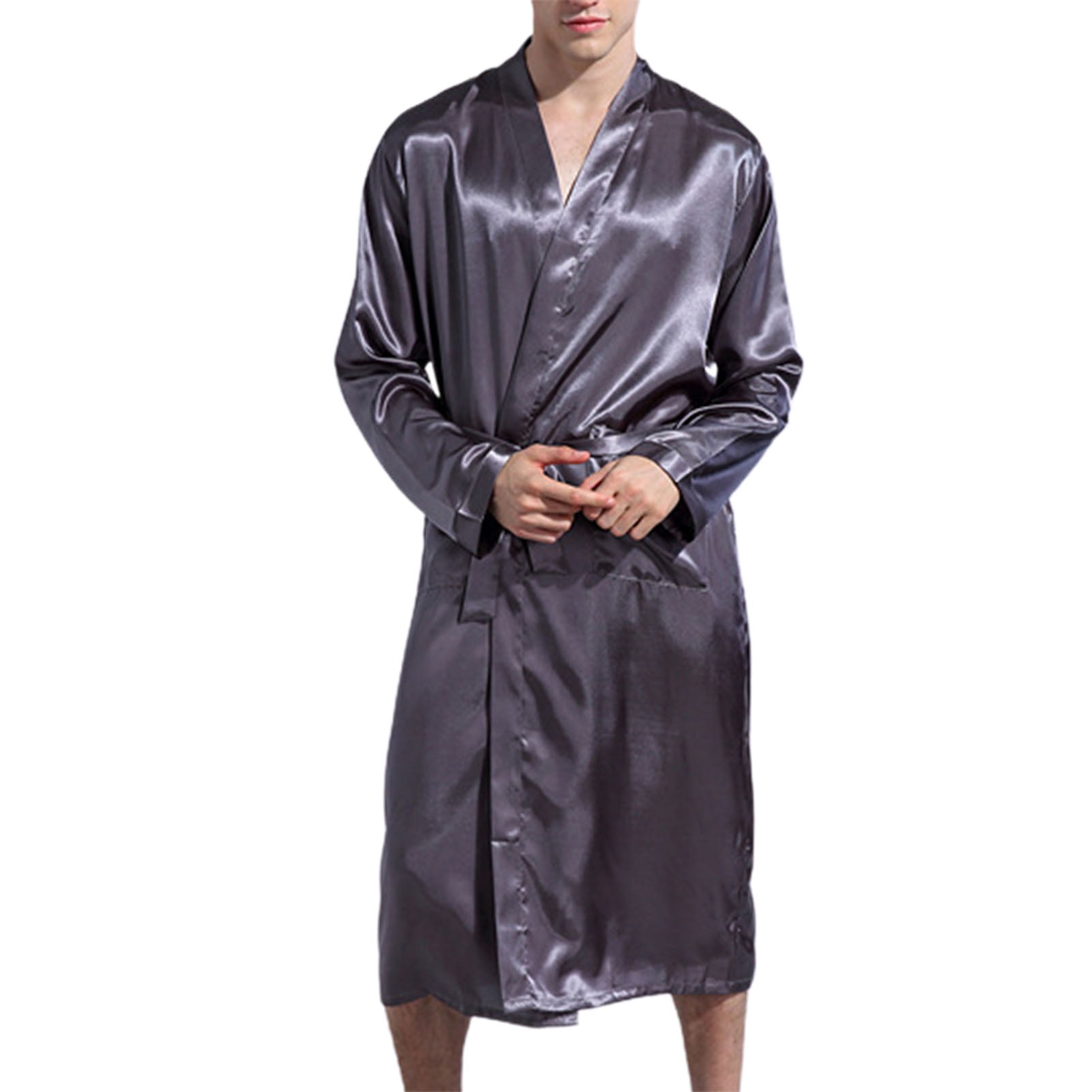 Huanledash Men Bathrobe Solid Color Silky Smooth Soft Sleeping Robes ...