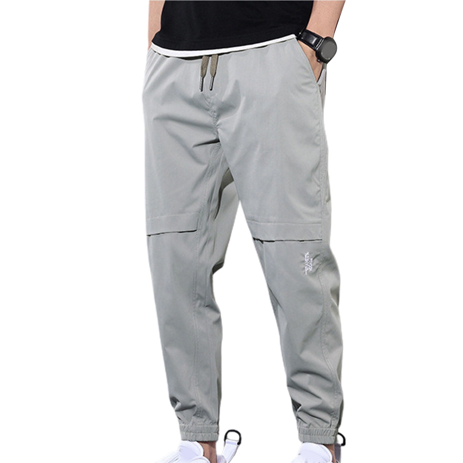 Huanledash Men Pants Solid Color Elastic Waist Drawstring Ankle-banded ...