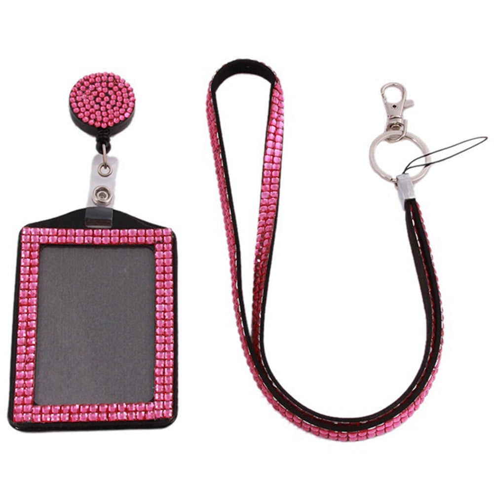 Huanledash Retractable ID Badge Neck Lanyard Rhinestone Case Name Tag ...