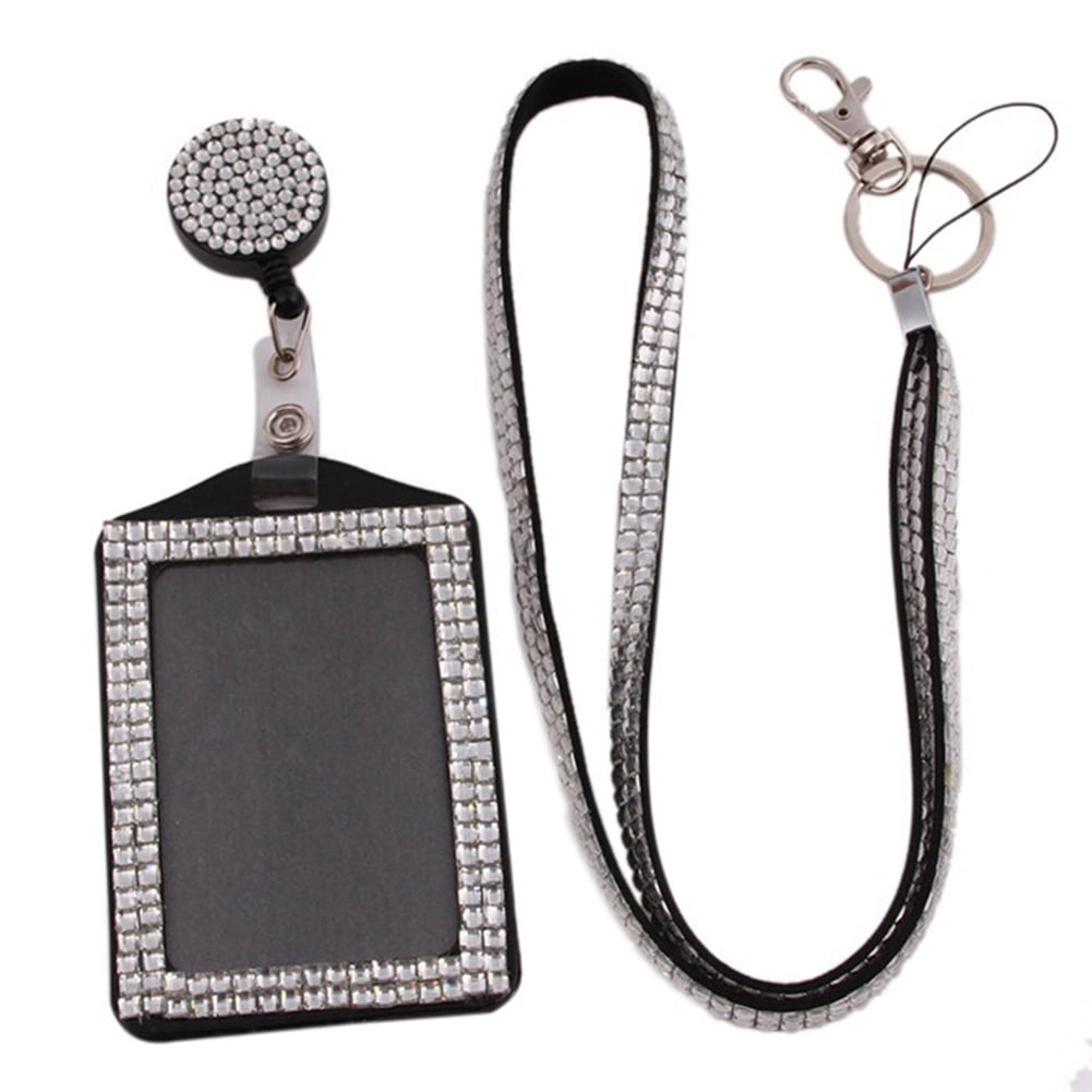 Huanledash Retractable ID Badge Neck Lanyard Rhinestone Case Name Tag ...