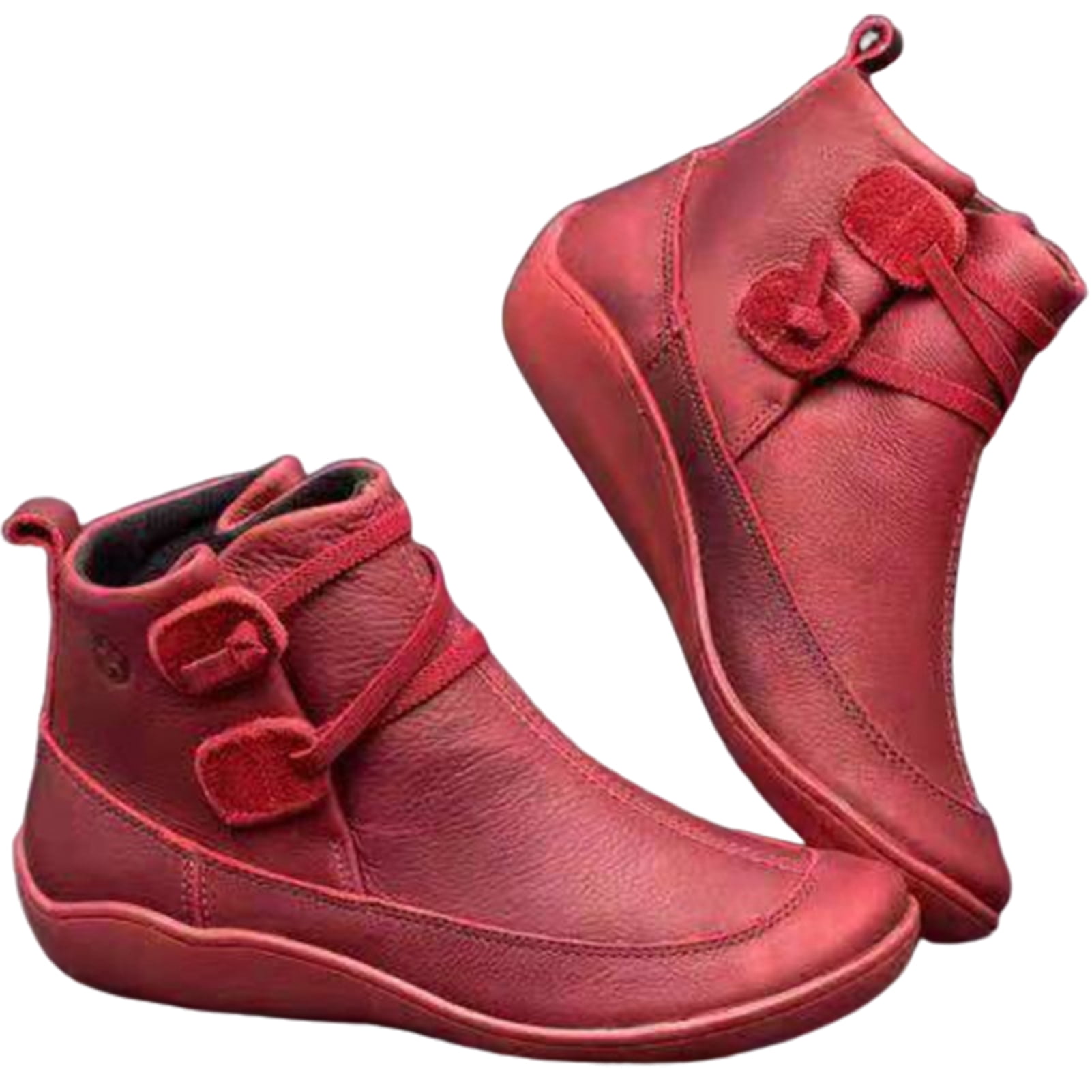 huanledash Women Faux Leather Lace Up Low Heel Flat Ankle Boots Plush ...
