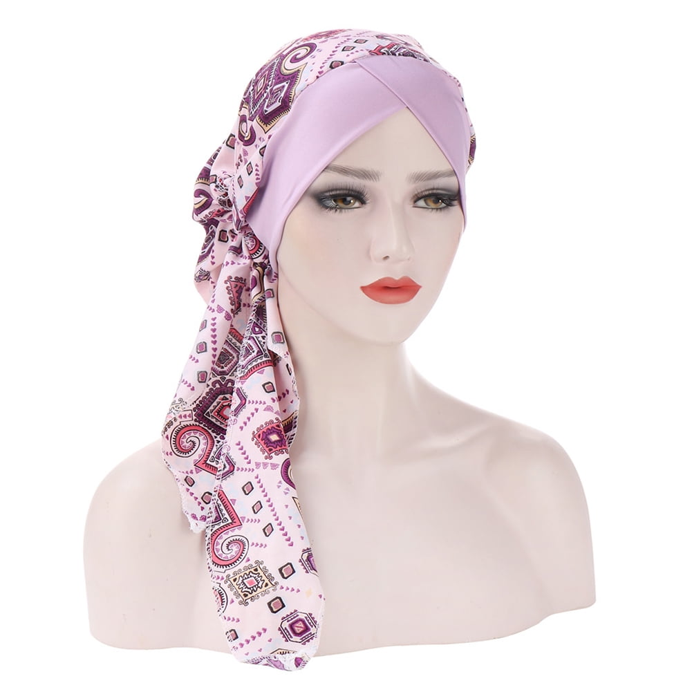 Huanledash Women Floral Cloth Turban Cap Cashew Flower Hijab Long Tail ...