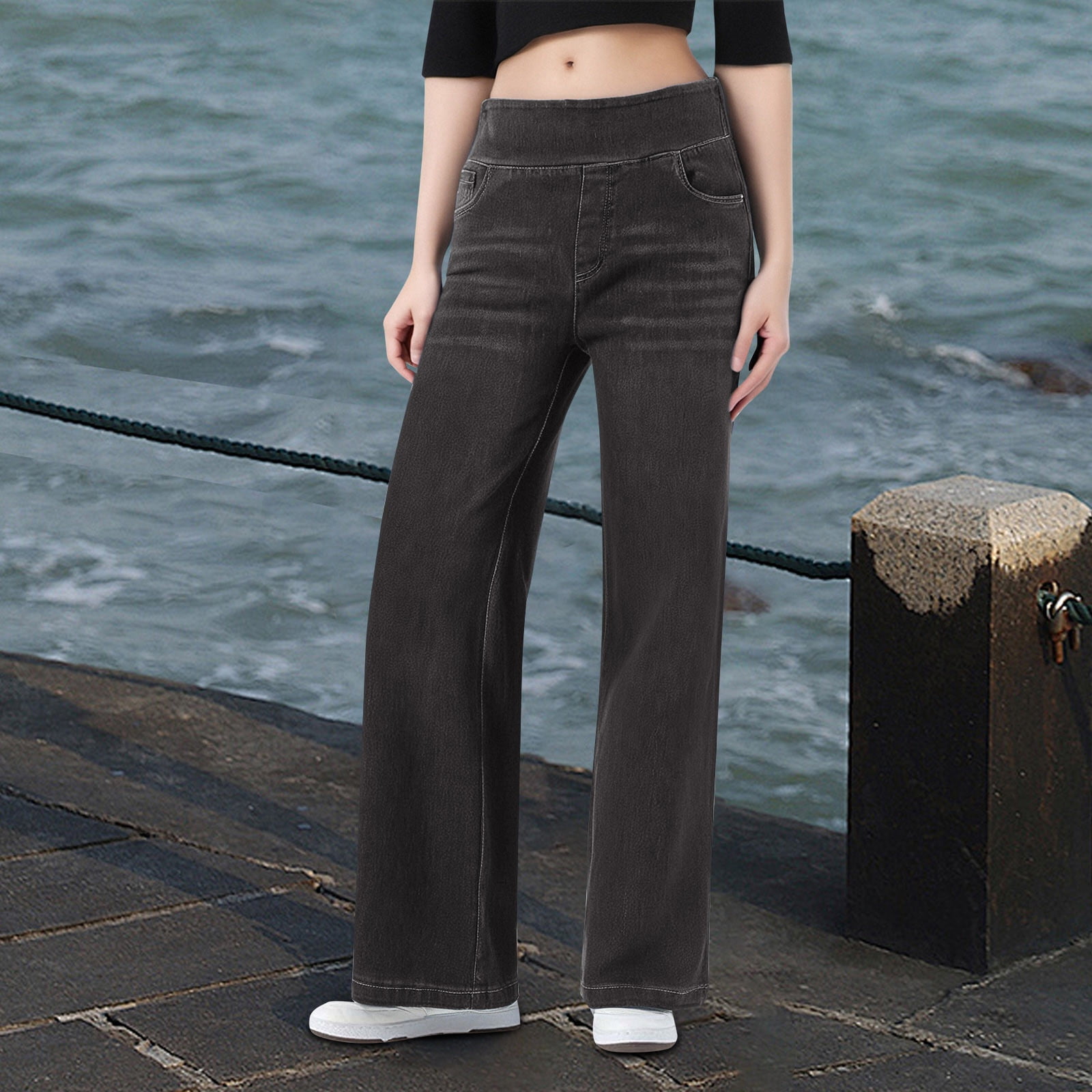 Huanyaaa Pull On Wide Leg Jeans for Women High Waisted Stretchy Baggy ...