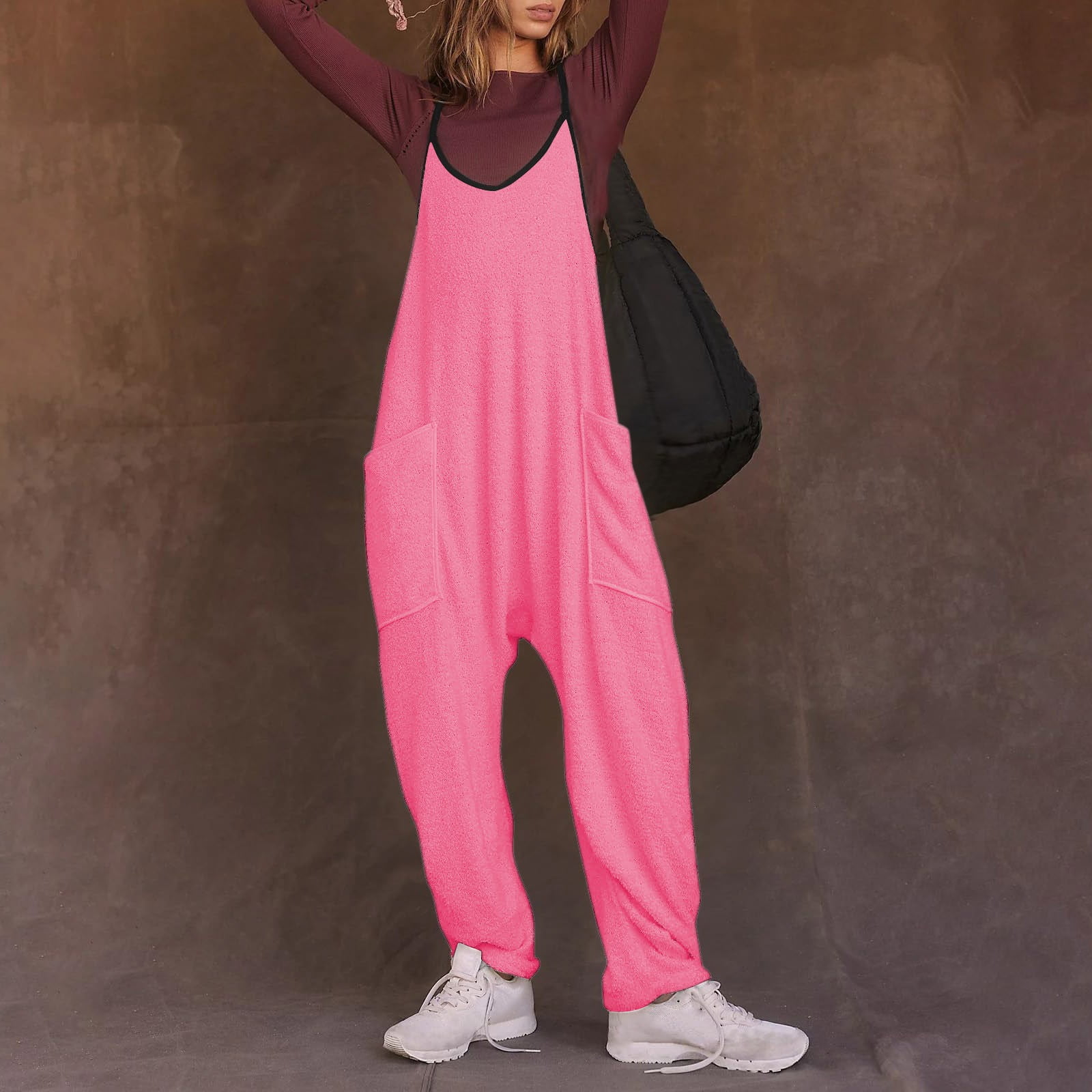 Huanyaaa Winter Overalls for Women Fuzzy Jumpsuit Spaghetti Strap Wide ...