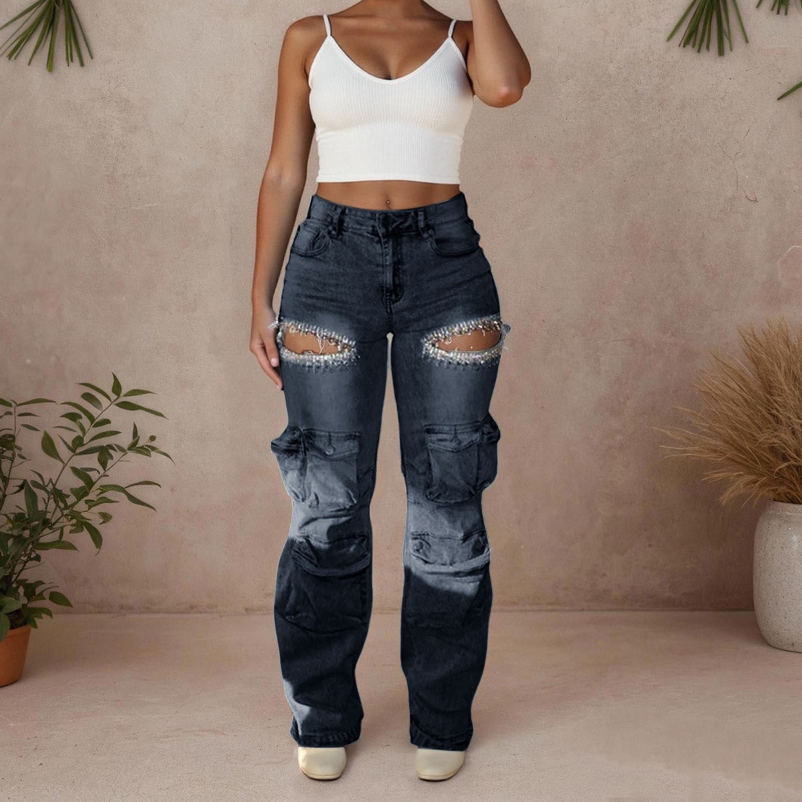 Huanyaaa Women Rhinestone Cargo Jeans High Waisted Baggy Sexy Sparkly ...