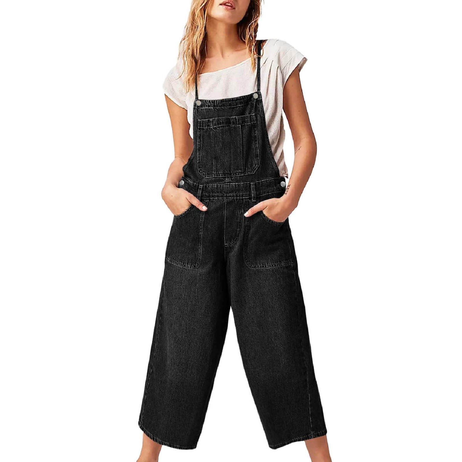 Huanyaaa Women's Loose Denim Overalls Loose Version Bib Adjustable ...