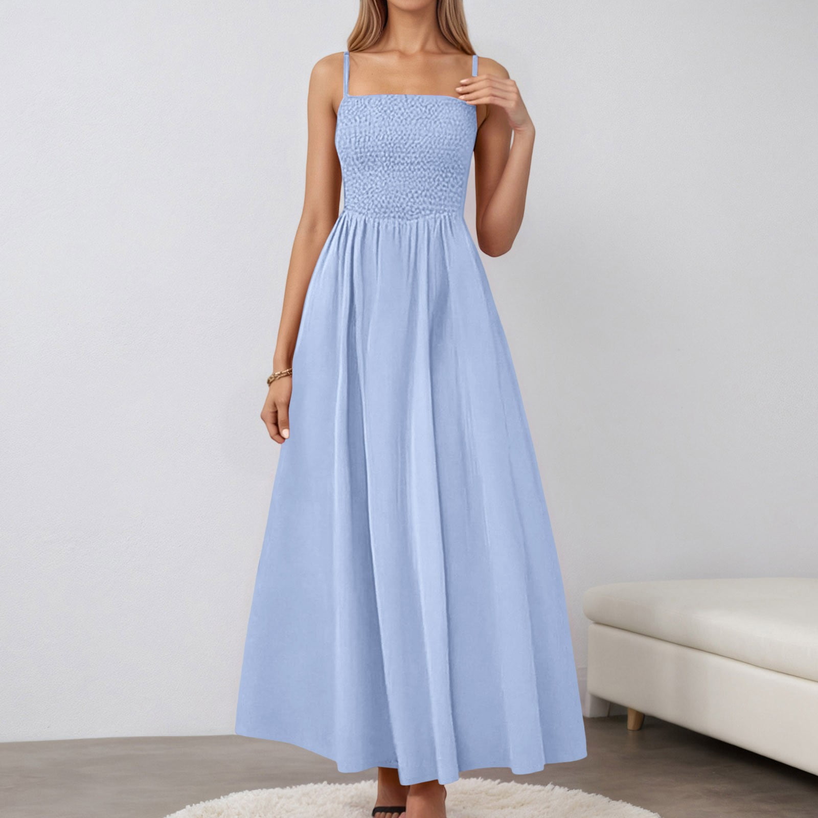 Huanyaaa Women's Solid Smocked Maxi Dresses Summer Beach Casual ...