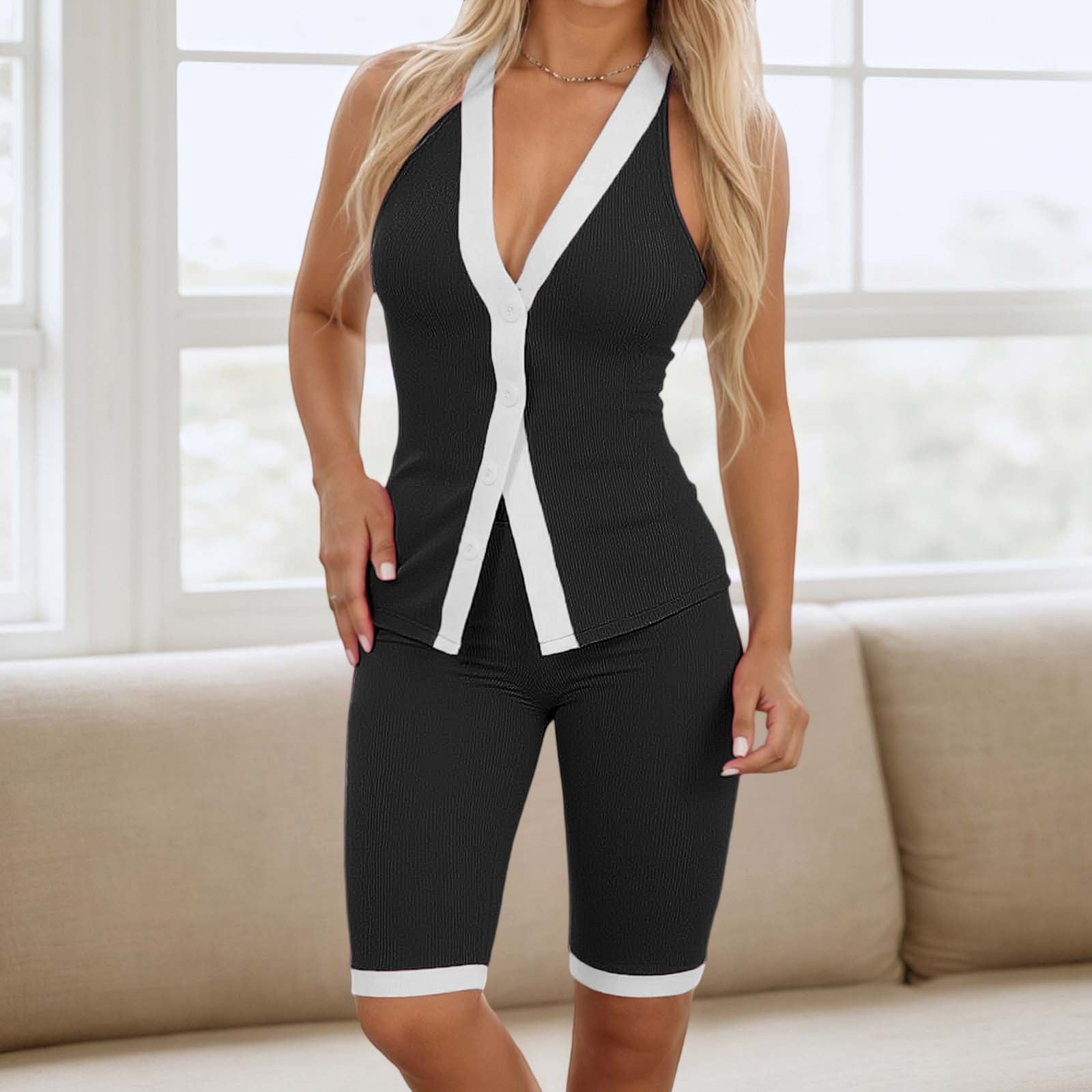 Huanyaaa Womens 2 Piece Shorts Set Summer Ribbed V Neck Button Vest ...